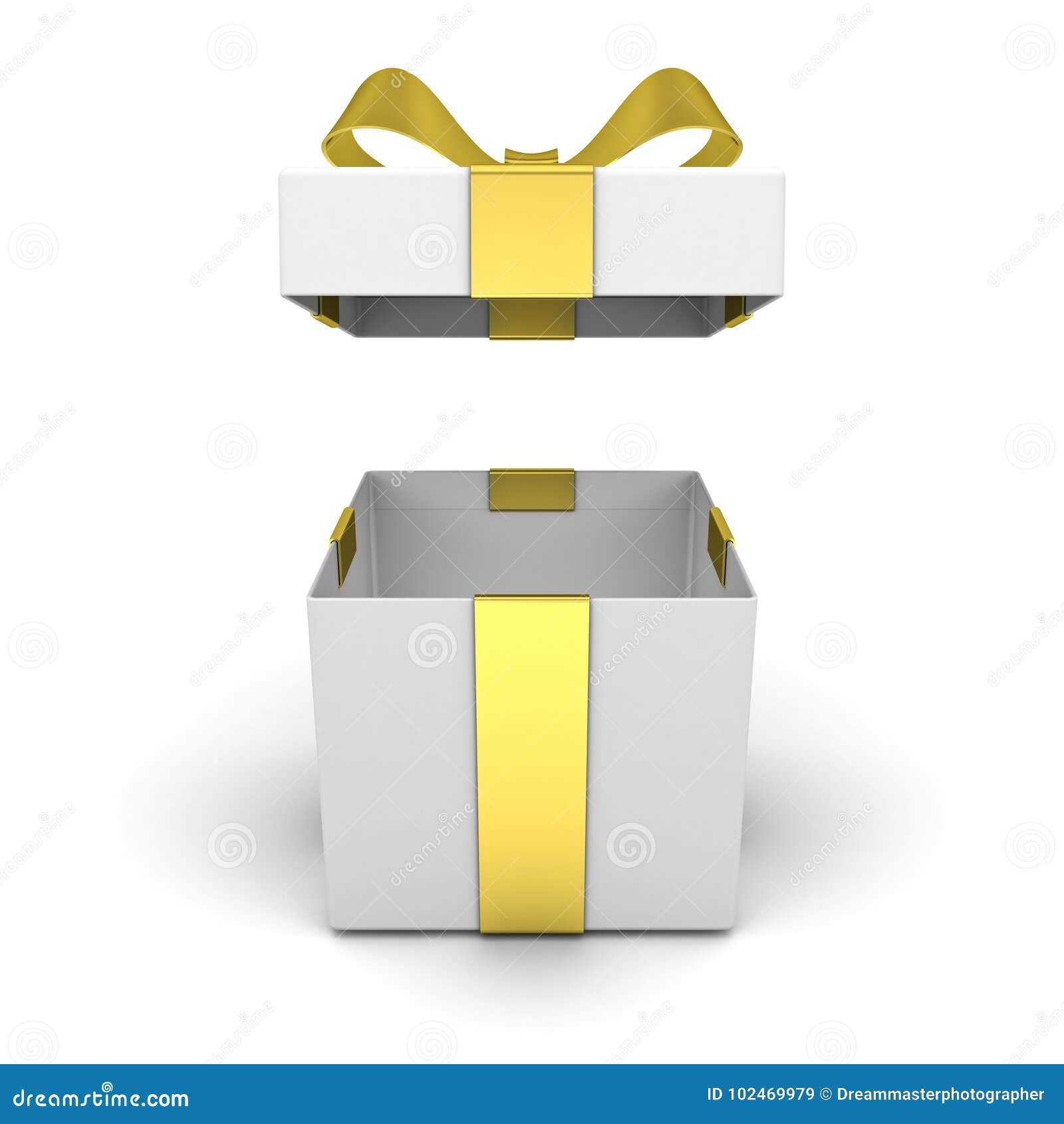 Open Gift Box , Present Box with Lid and Golden Ribbon Bow Isolated on ...