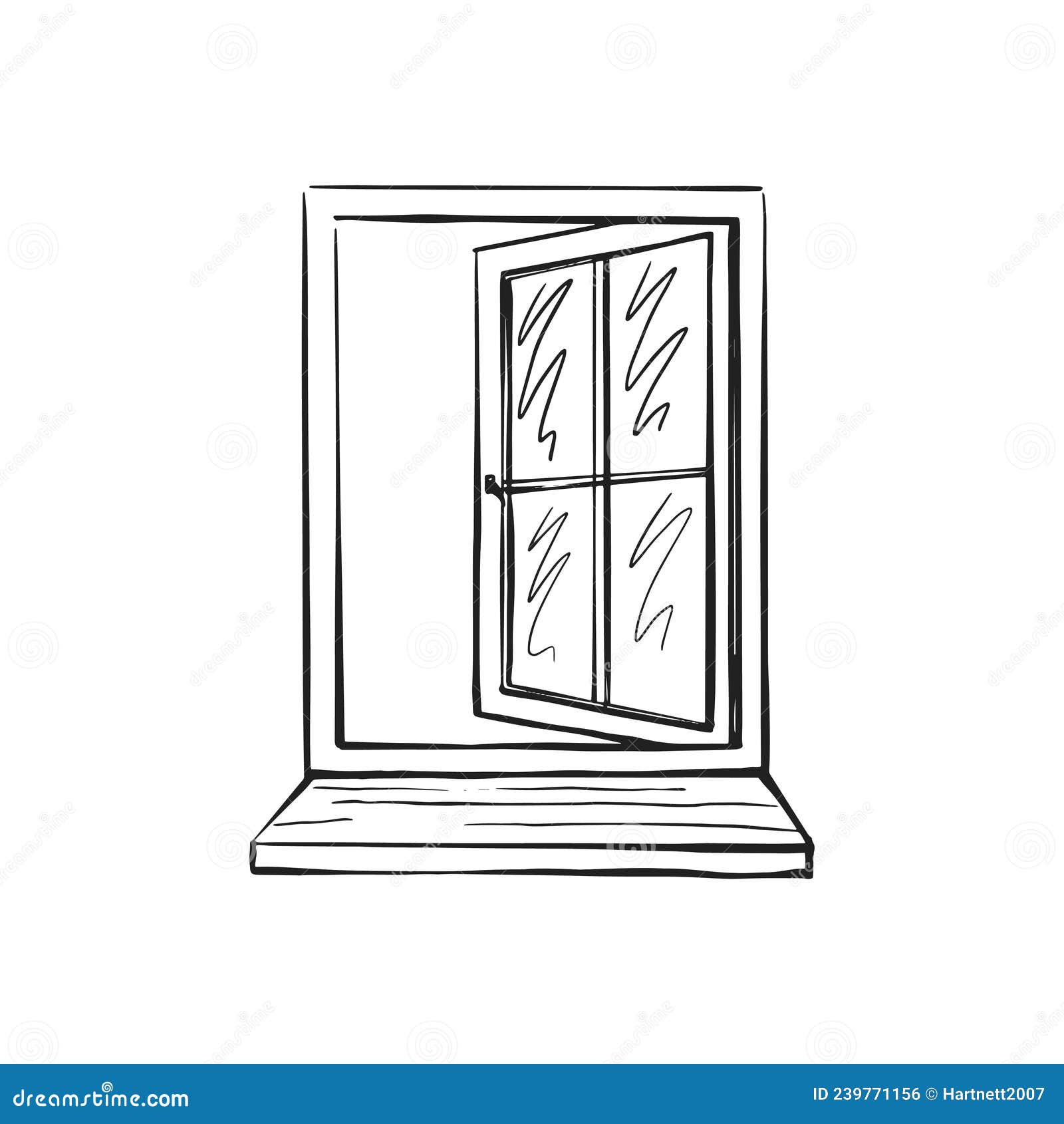 Open Glazed Window in a Frame. Sketch on a White Isolated Background ...