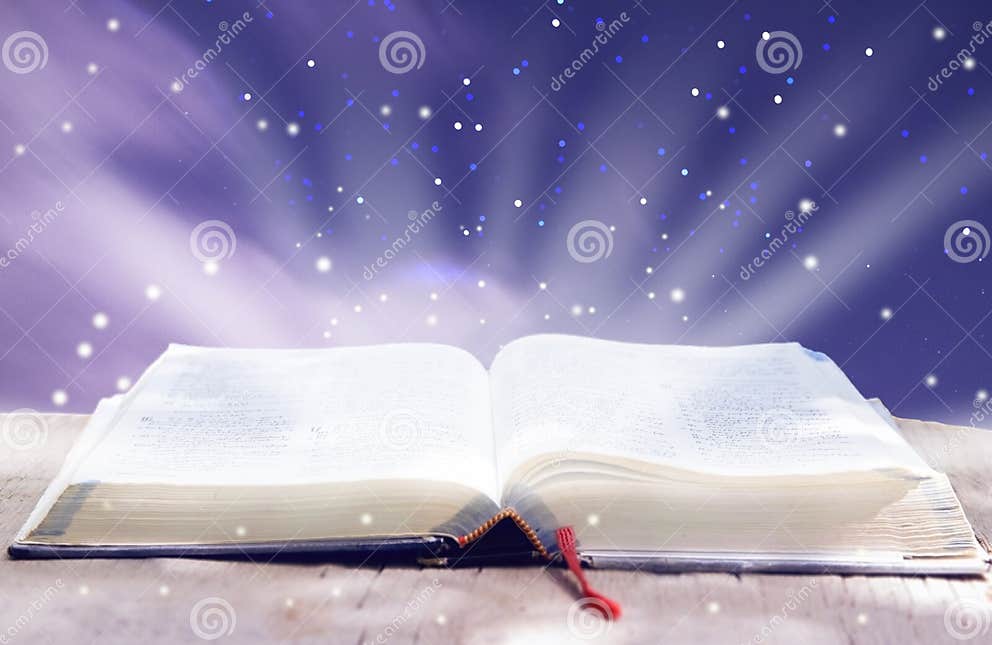 Open glowing Bible stock image. Image of holy, banner - 75338319