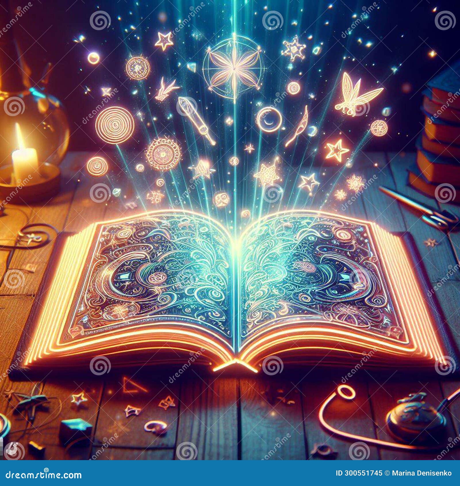 Open Glowing Neon Magic Book Lying on the Table. Illustration Created ...
