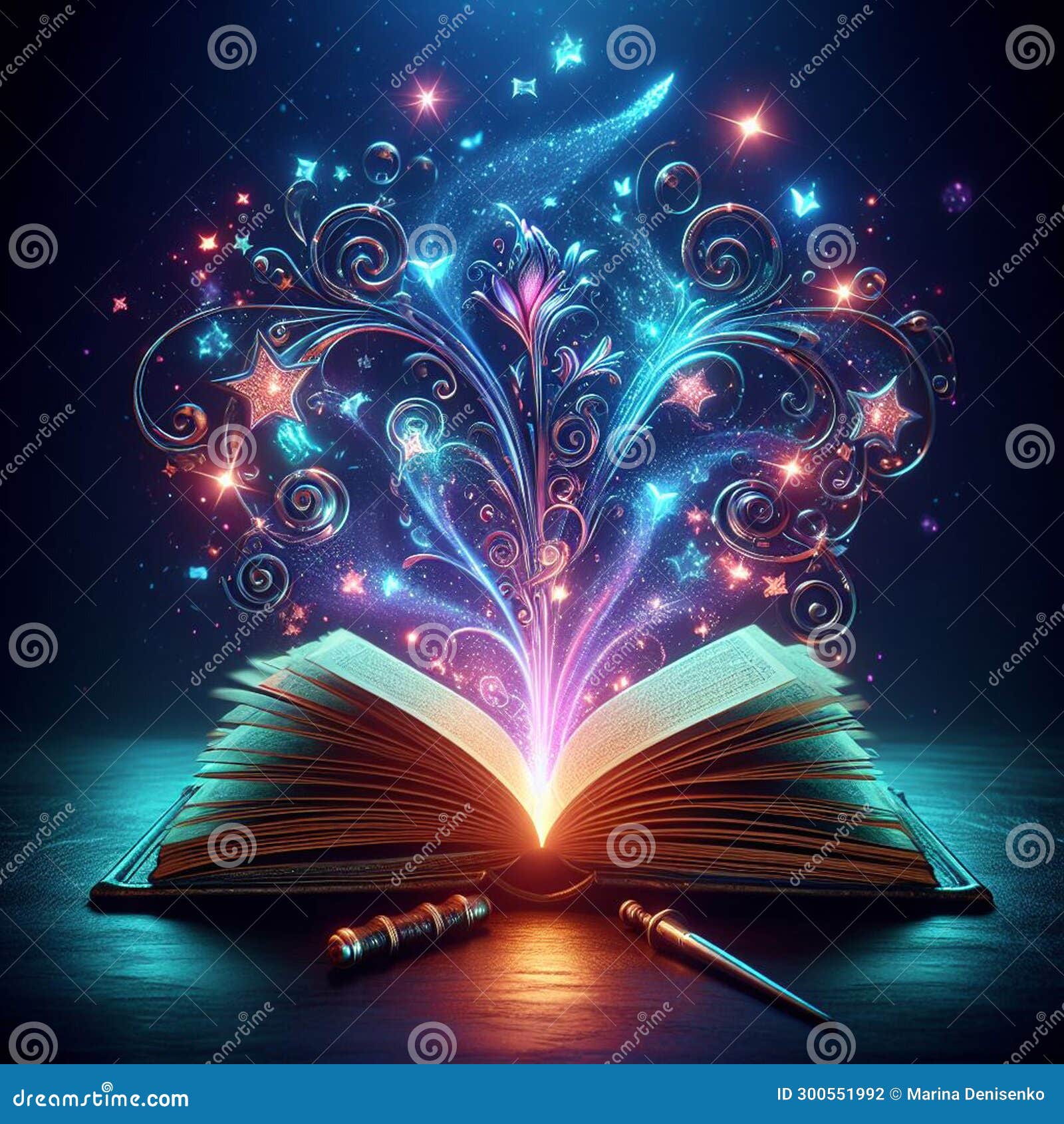 Open Glowing Neon Magic Book Lying on the Table. Illustration Created ...