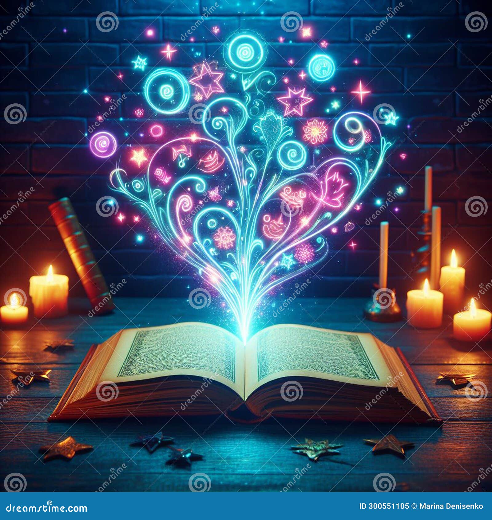Open Glowing Neon Magic Book Lying on the Table. Illustration Created ...