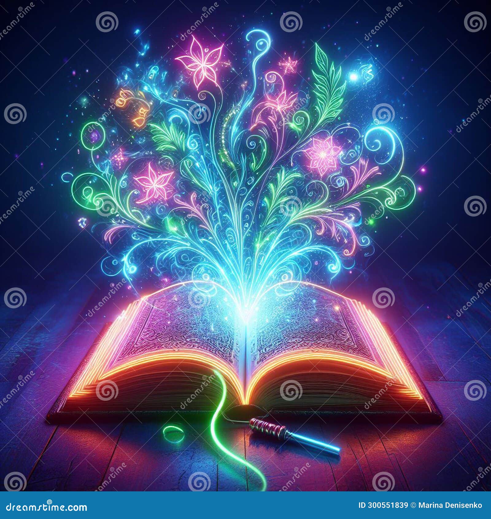 Open Glowing Neon Magic Book Lying on the Table. Illustration Created ...