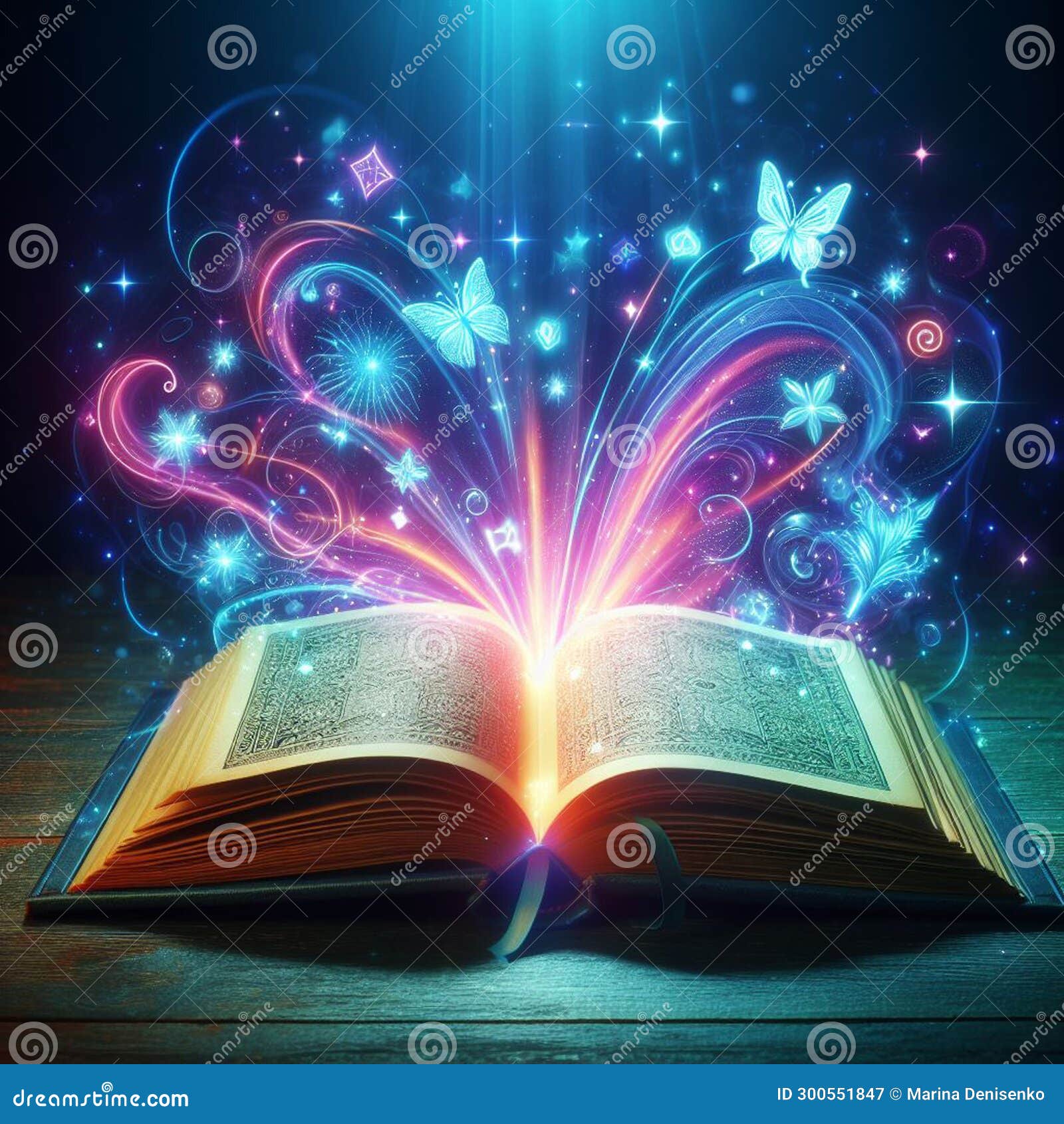 Open Glowing Neon Magic Book Lying on the Table. Illustration Created ...