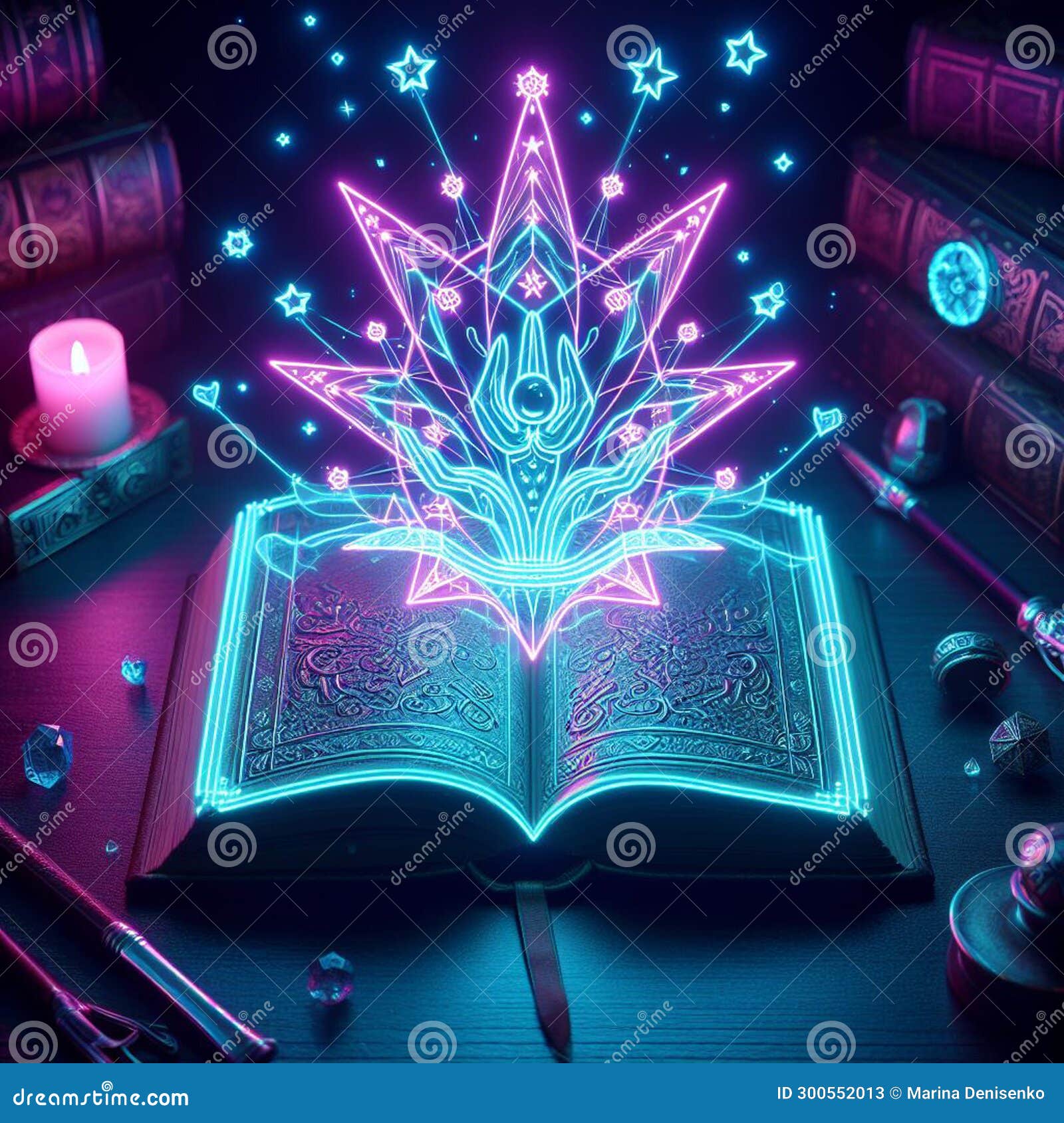 Open Glowing Neon Magic Book Lying on the Table. Illustration Created ...