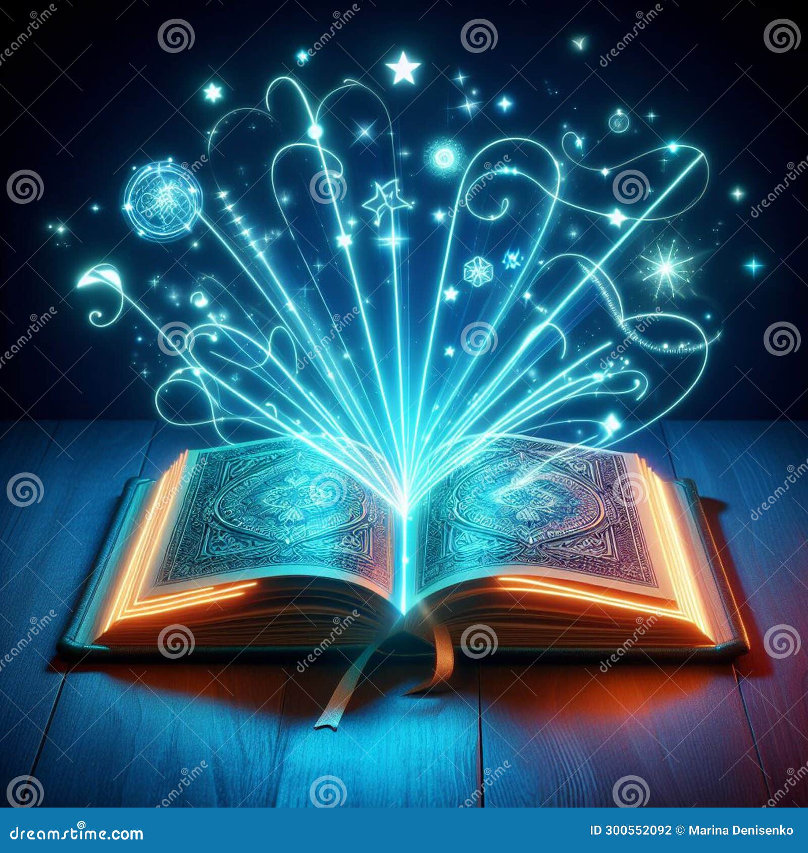 Open Glowing Neon Magic Book Lying on the Table. Illustration Created ...