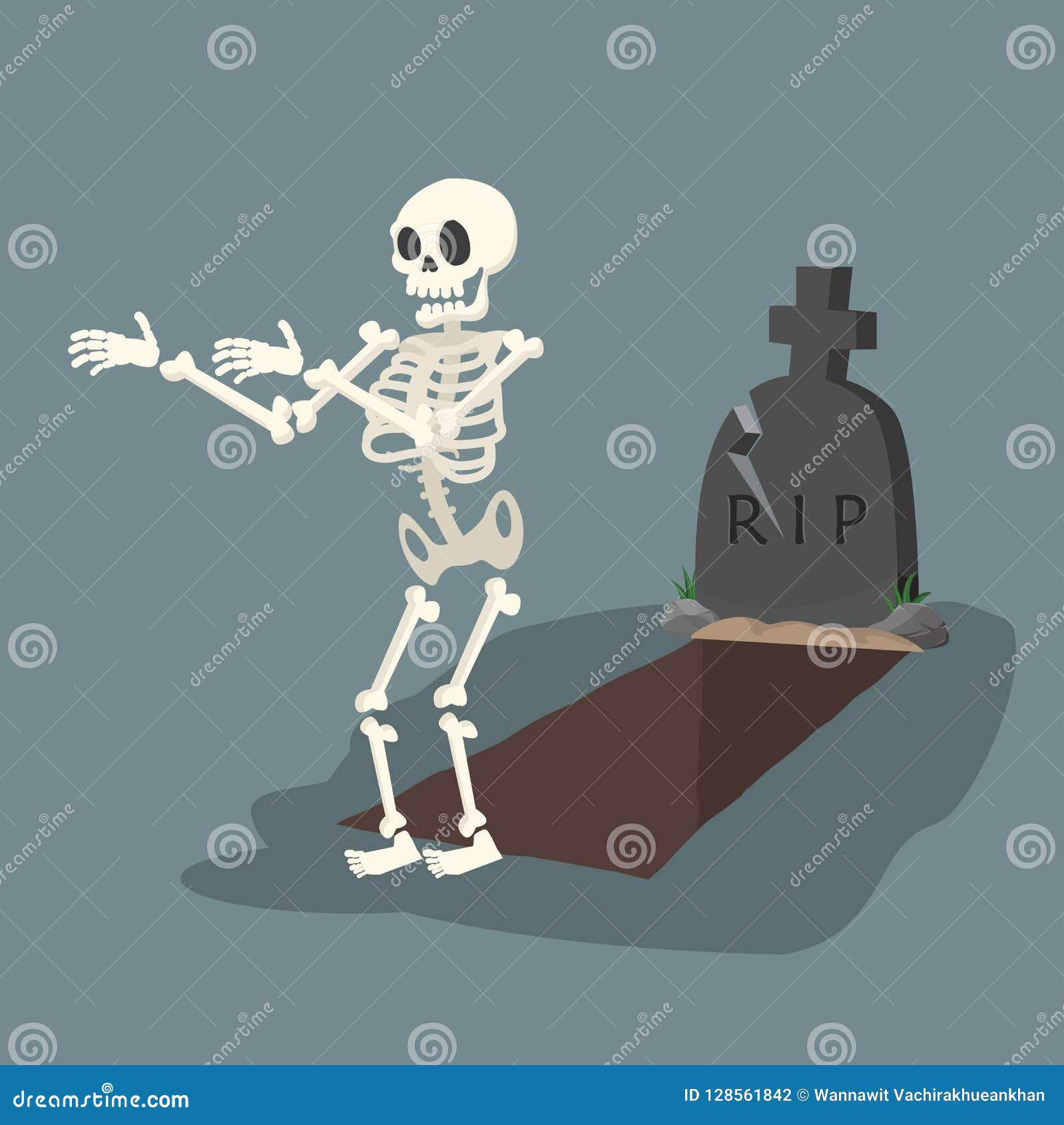 Open Grave. Coffin In Pit. Flowers Roses On Roof Of Tomb. Cartoon ...