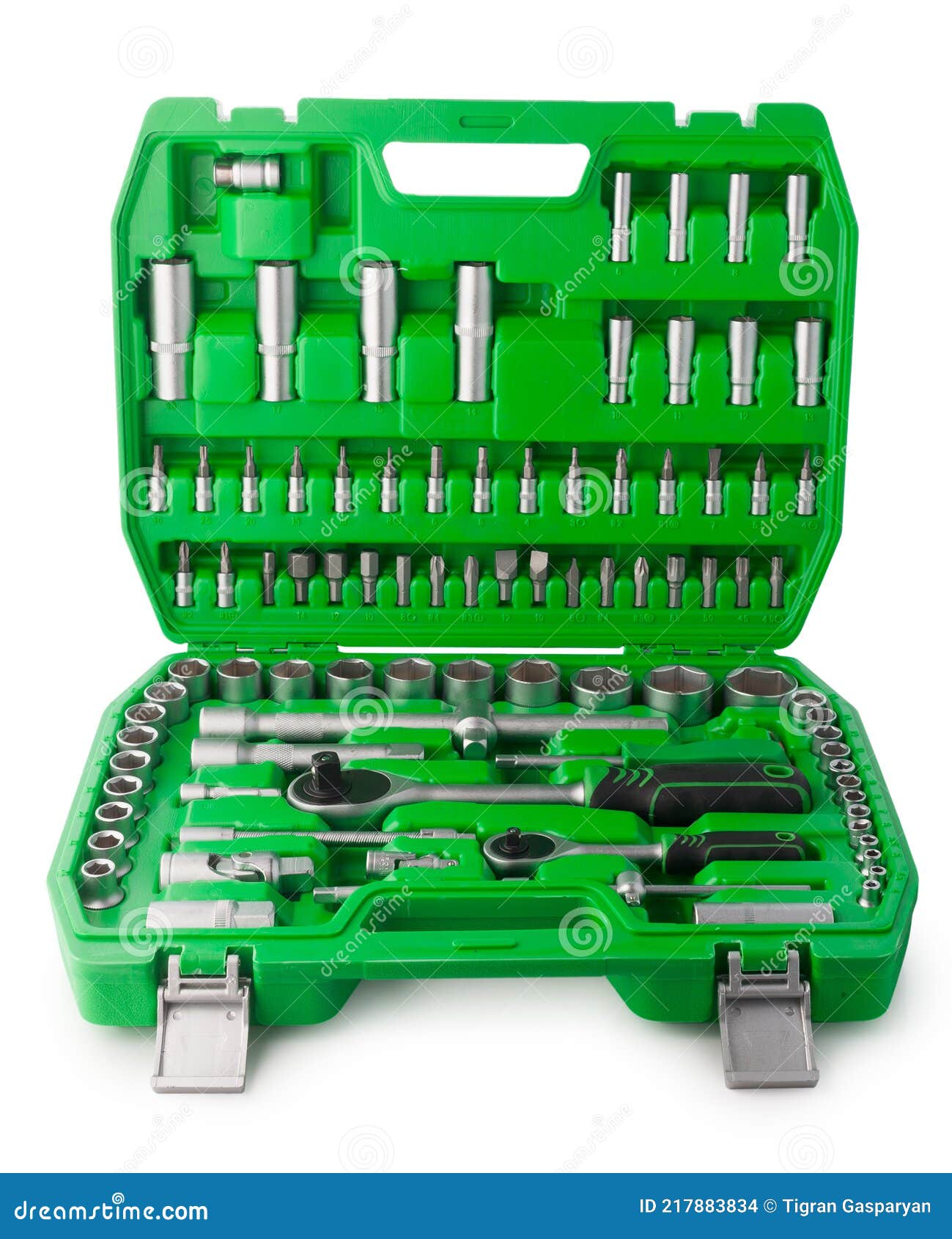Open Green Case with a Set of Tools for Car Repair, Side View. Isolated ...