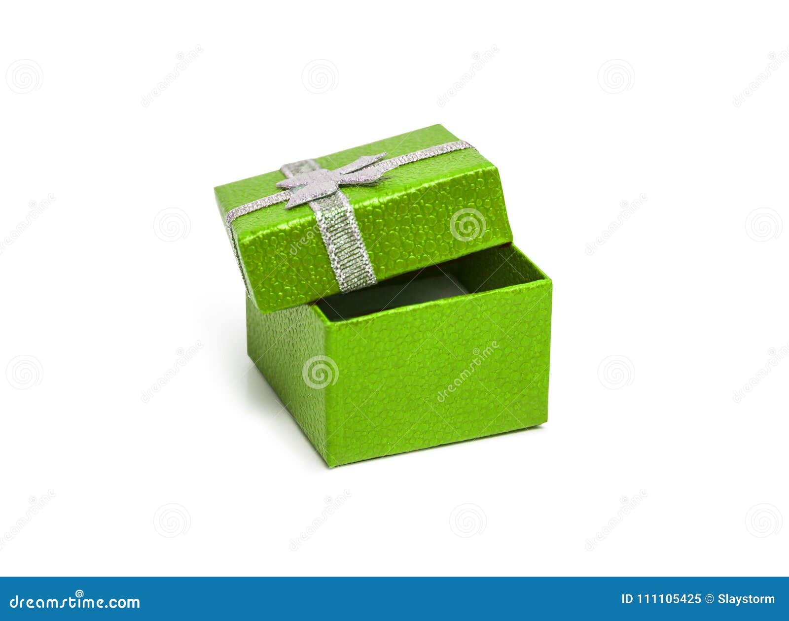 Open Green Colour Gift Box with Silver Ribbon Isolated on White Stock ...