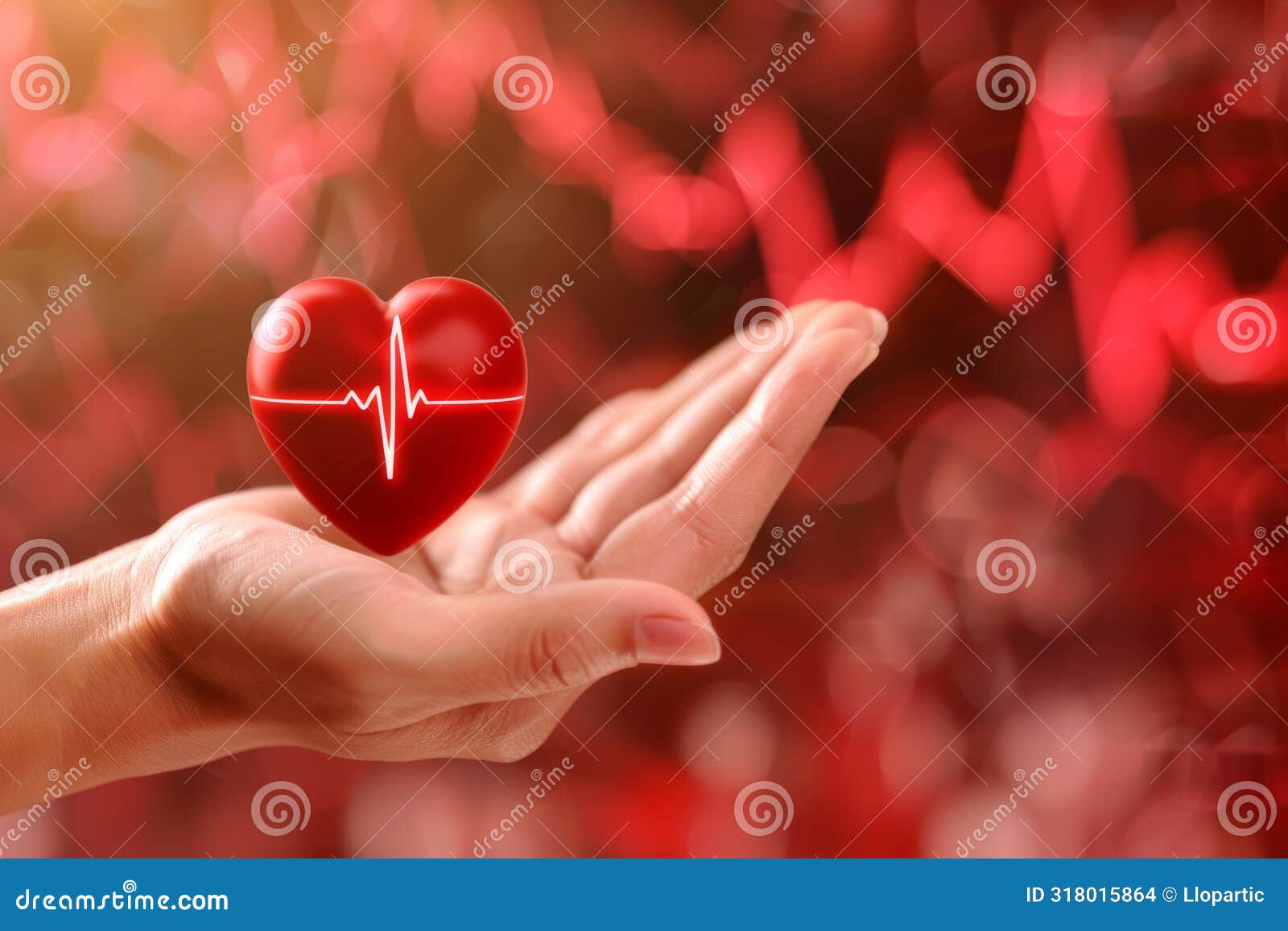 Open Hand Holding a Floating Red Heart with an ECG Line Stock ...