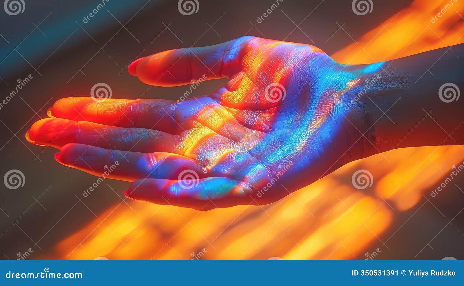 Open Hand Silhouette Against a Vibrant Iridescent Blue and Orange ...