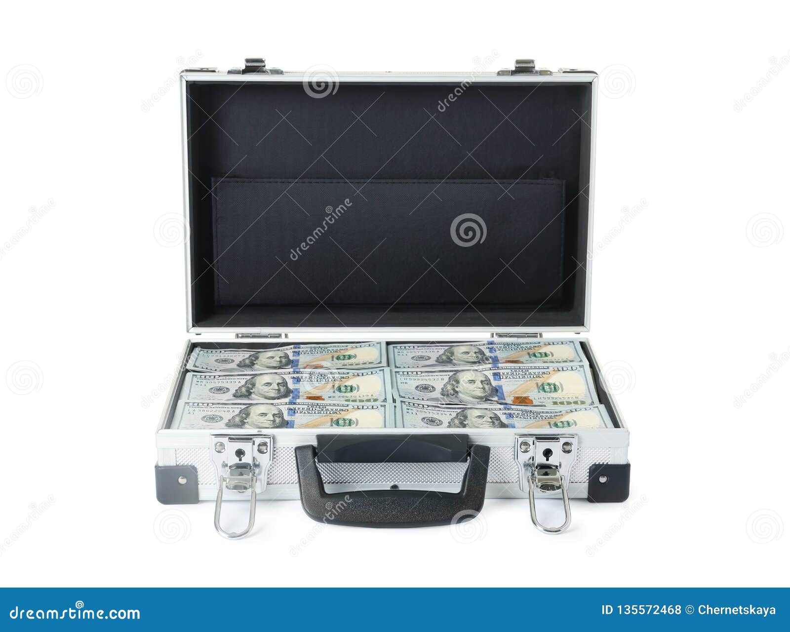 Open Hard Case Full of Money on White Stock Photo - Image of investment ...