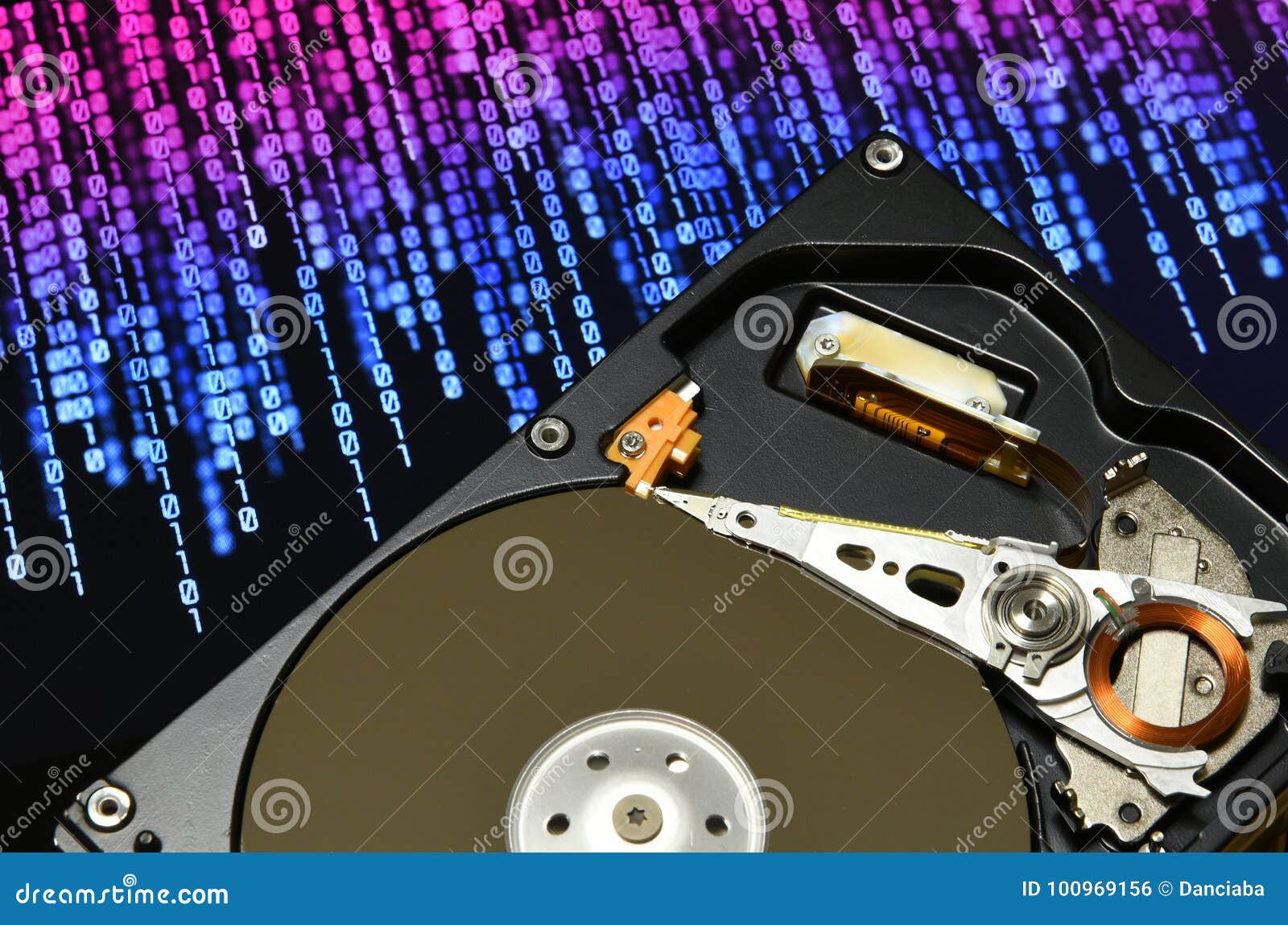 Open Hard Disk Drive with Binary Color Effects. Stock Photo - Image of ...