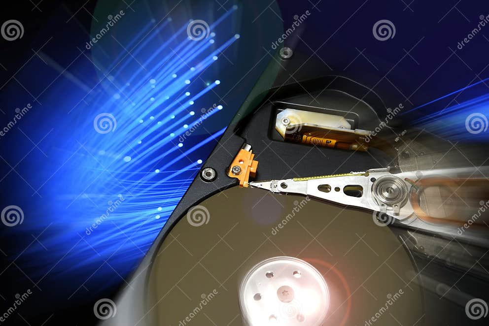 Open Hard Disk Drive of Computer, with Future Blue Effects. Background ...