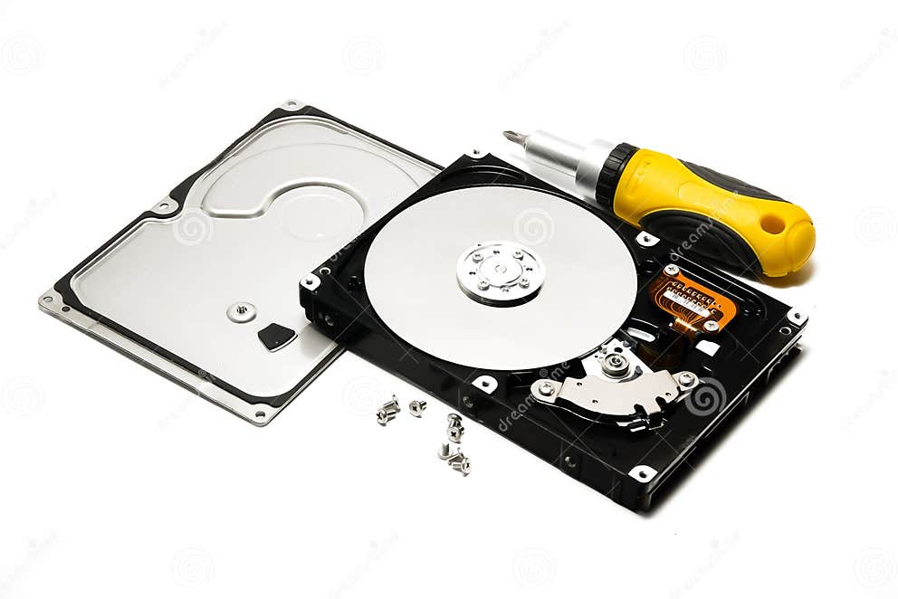 Open Hard Drive and Screwdriver Isolated on White Background Closeup ...