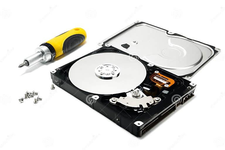 Open Hard Drive and Screwdriver Isolated on White Background Closeup ...