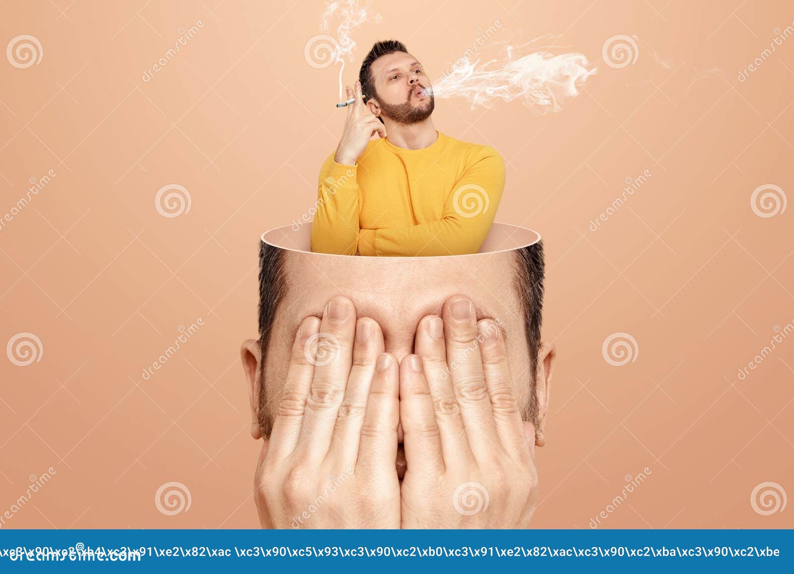 In the Open Head of a Man, the Brain Smokes a Cigarette. Rest Concept ...