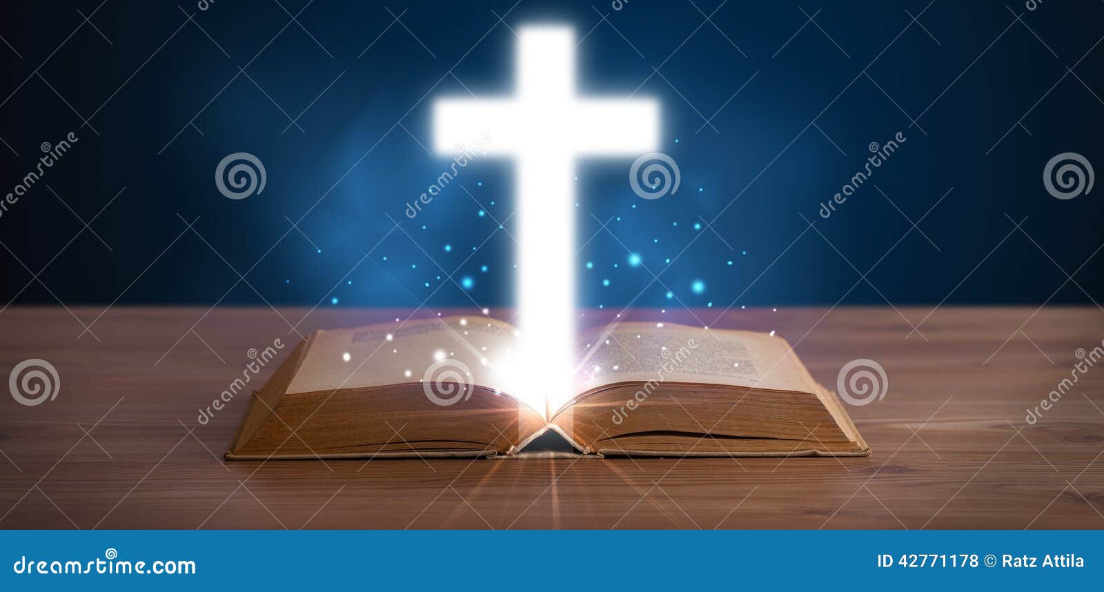 Open Holy Bible with Glowing Cross in the Middle Stock Photo - Image of ...