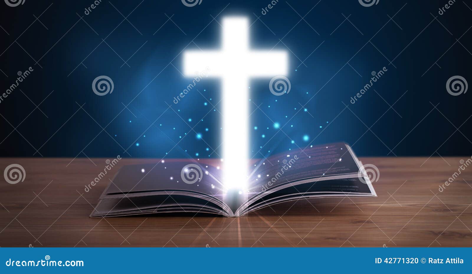 Open Holy Bible with Glowing Cross in the Middle Stock Photo - Image of ...