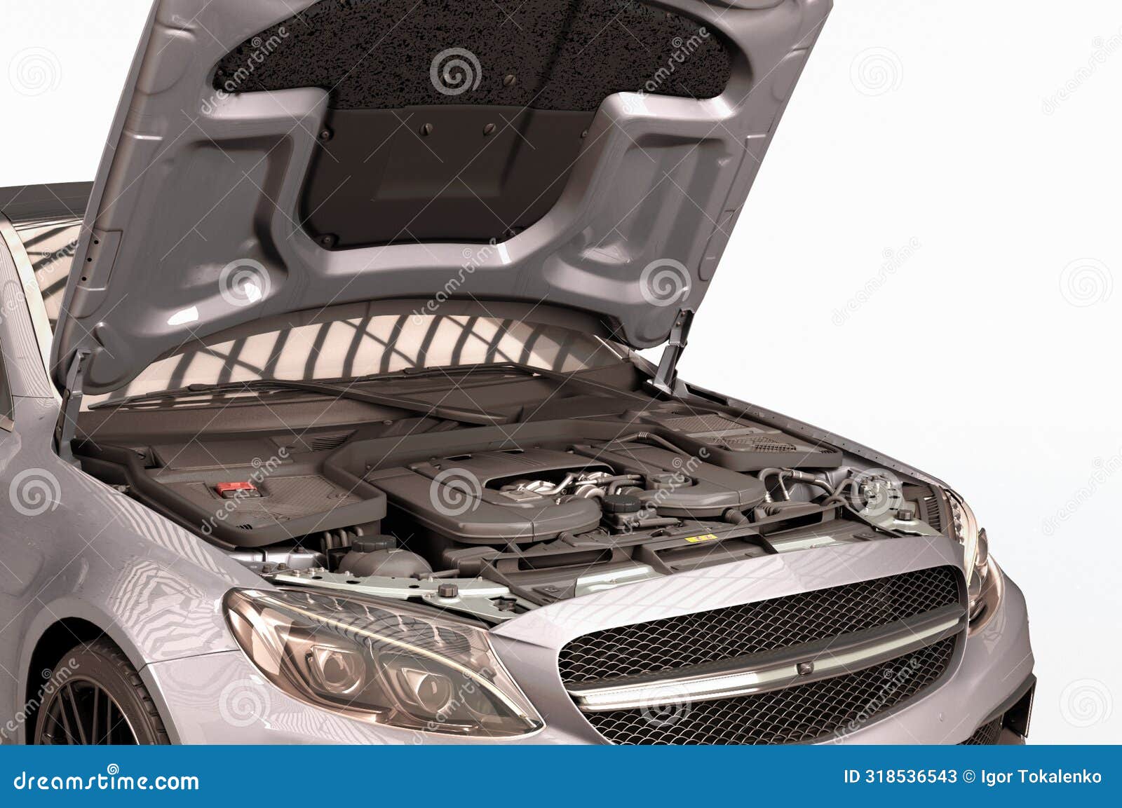 Open Hood of a Car with View of the Engine 3d Render Illustration ...