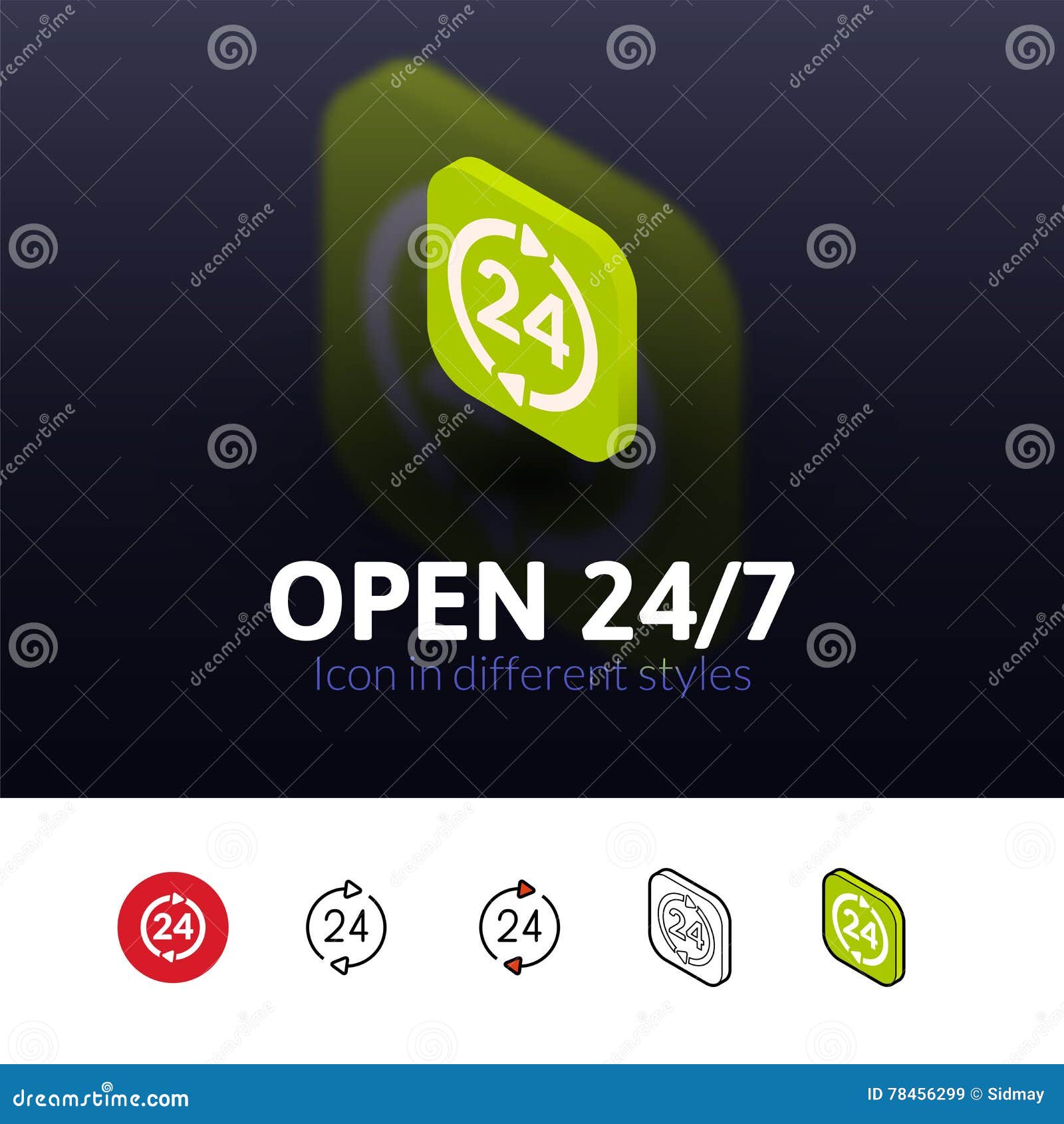 Open 24-7 Icon in Different Style Stock Vector - Illustration of stroke ...
