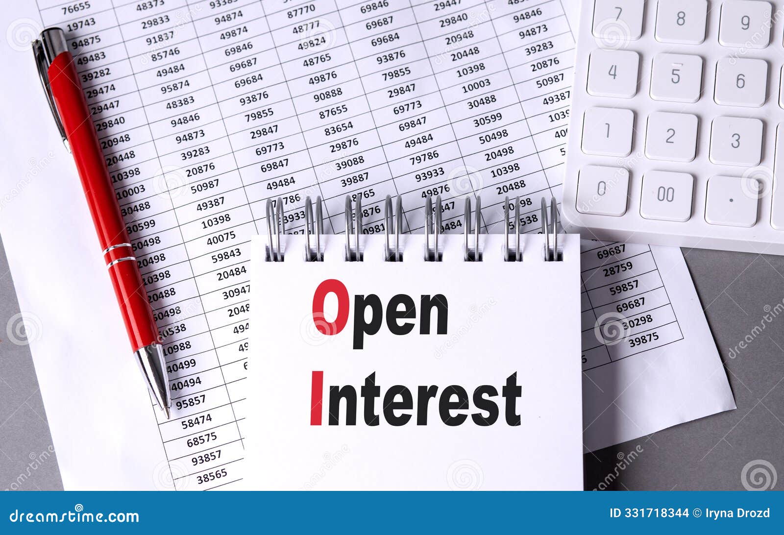 OPEN INTEREST Text on Notebook with Chart , Pen and Calculator Stock ...