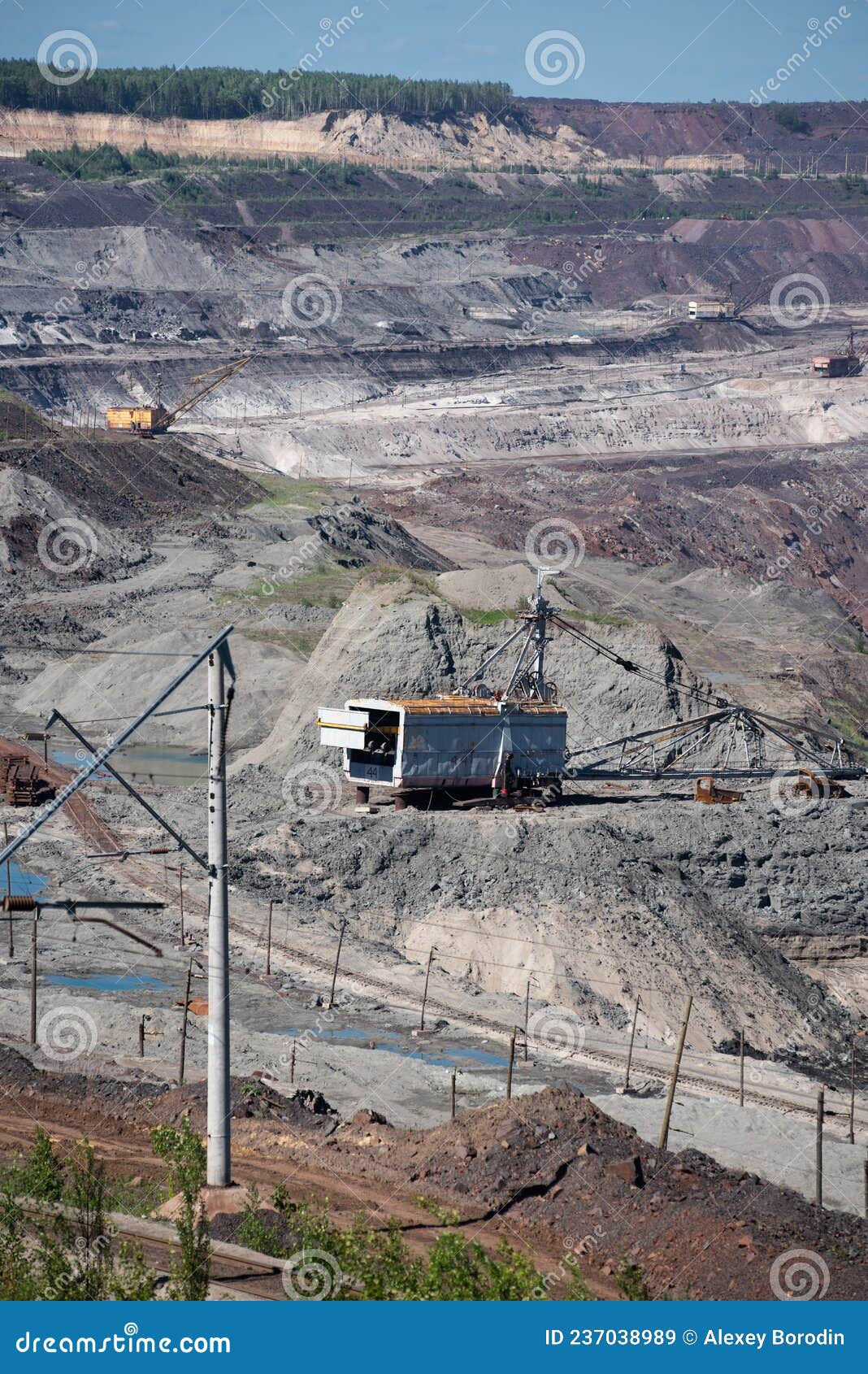 Excavator And Railway With Ore. Excavator Fills With Ore Rail Cars In ...