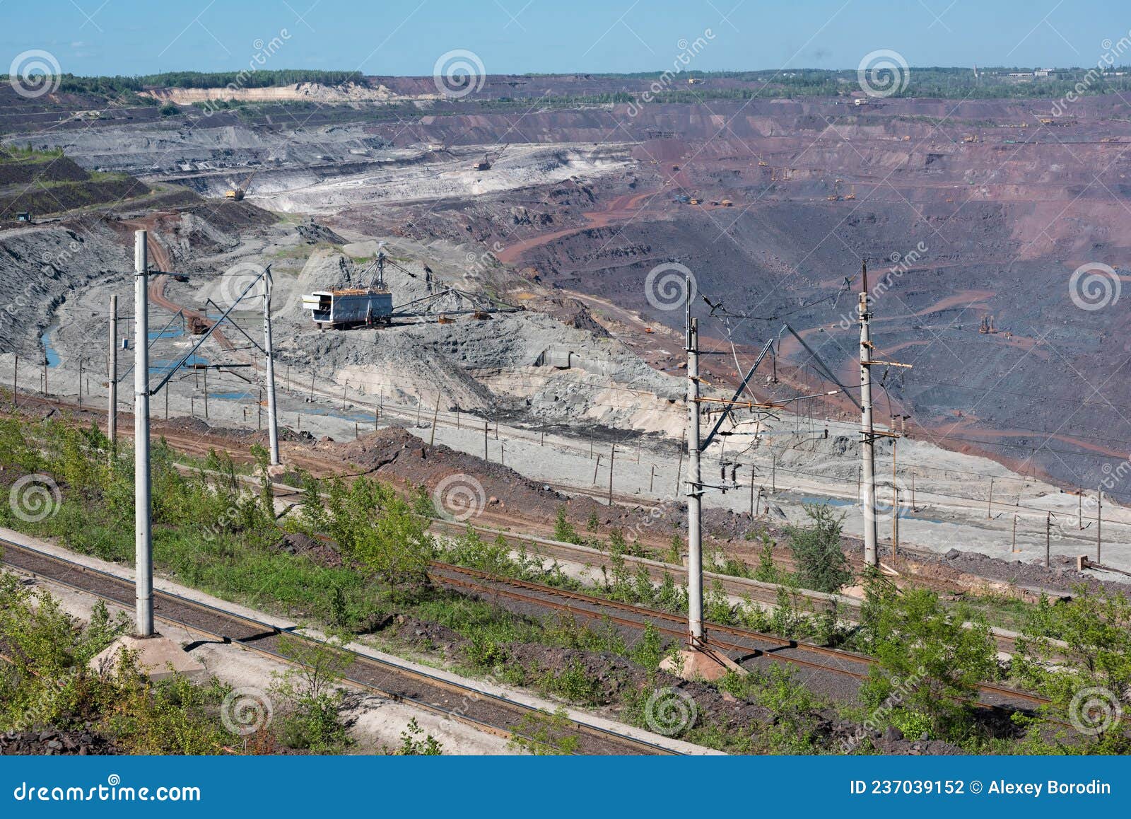 Open Iron Ore Quarry with Walking Excavator, Railway Transportation ...