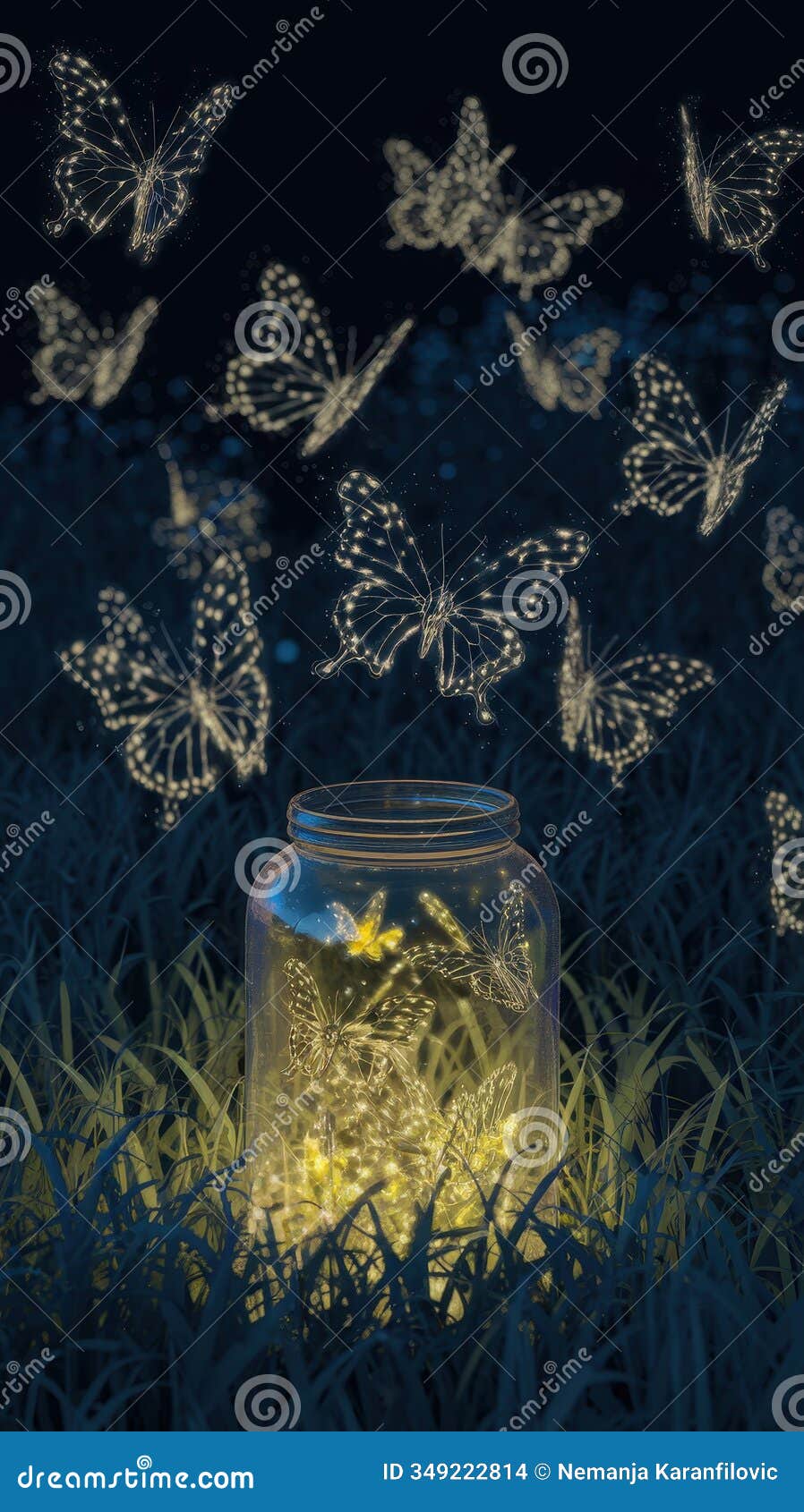Open Jar with Glowing Butterflies Flying Under Night Sky Stock Illustration - Illustration of ...