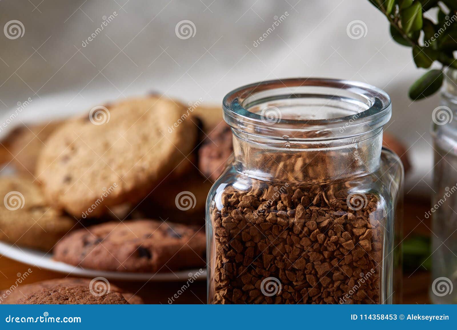 Open Jar of Instant Coffee Arranged on Woden Table, Top View, Close-up ...
