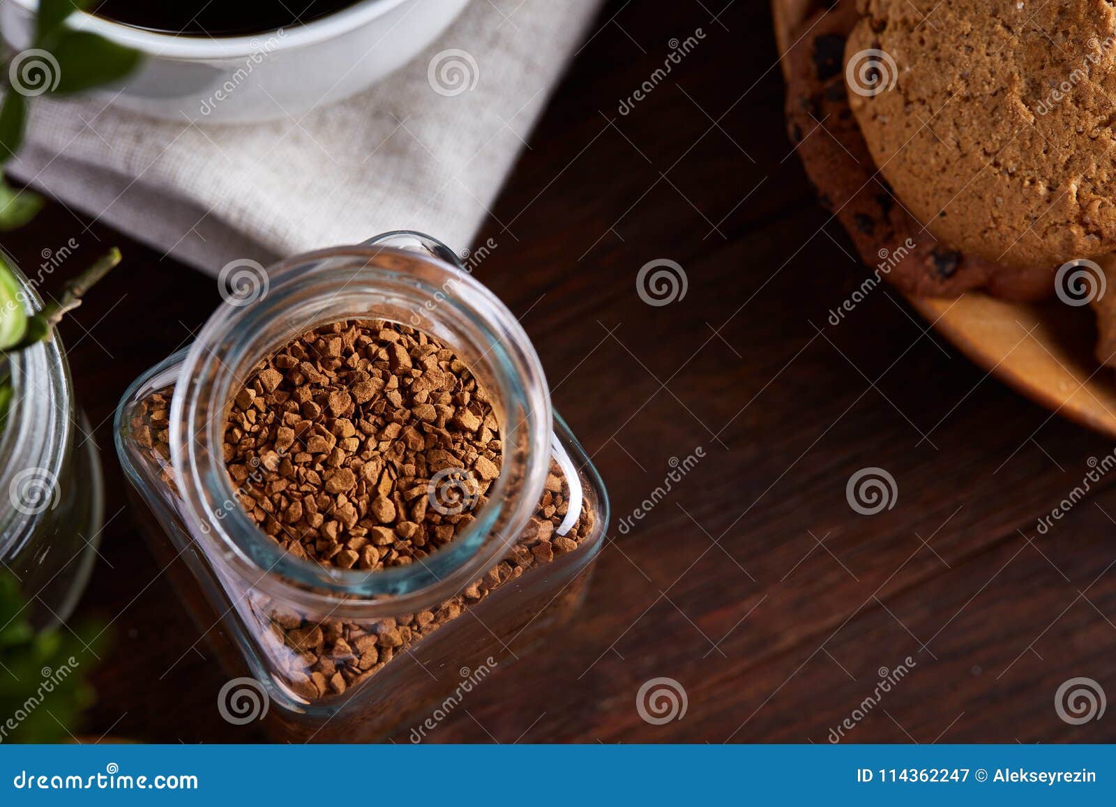 Open Jar of Instant Coffee Arranged on Woden Table, Top View, Close-up ...