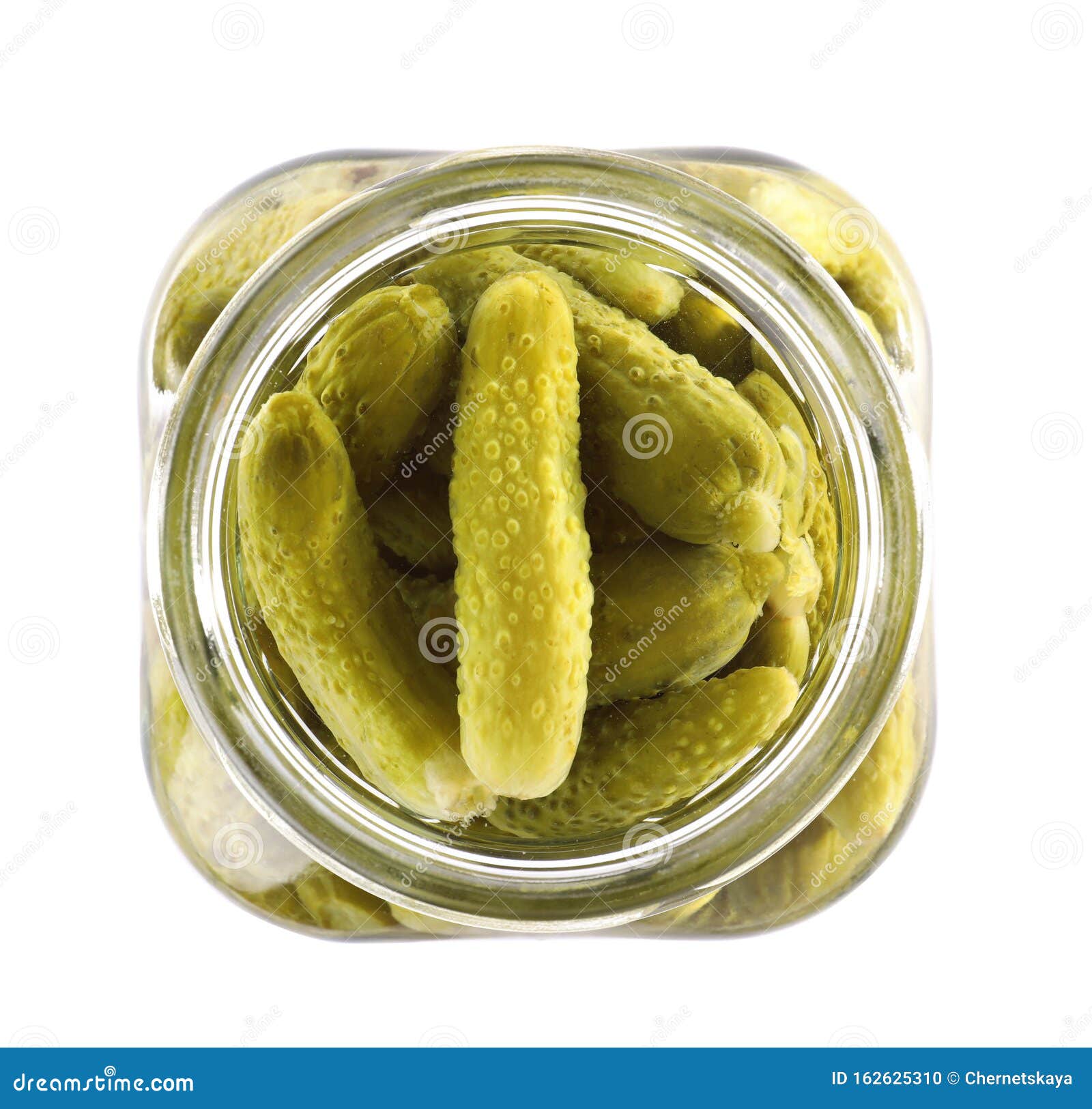 Open Jar with Pickled Gherkins on White, Top View Stock Photo - Image ...