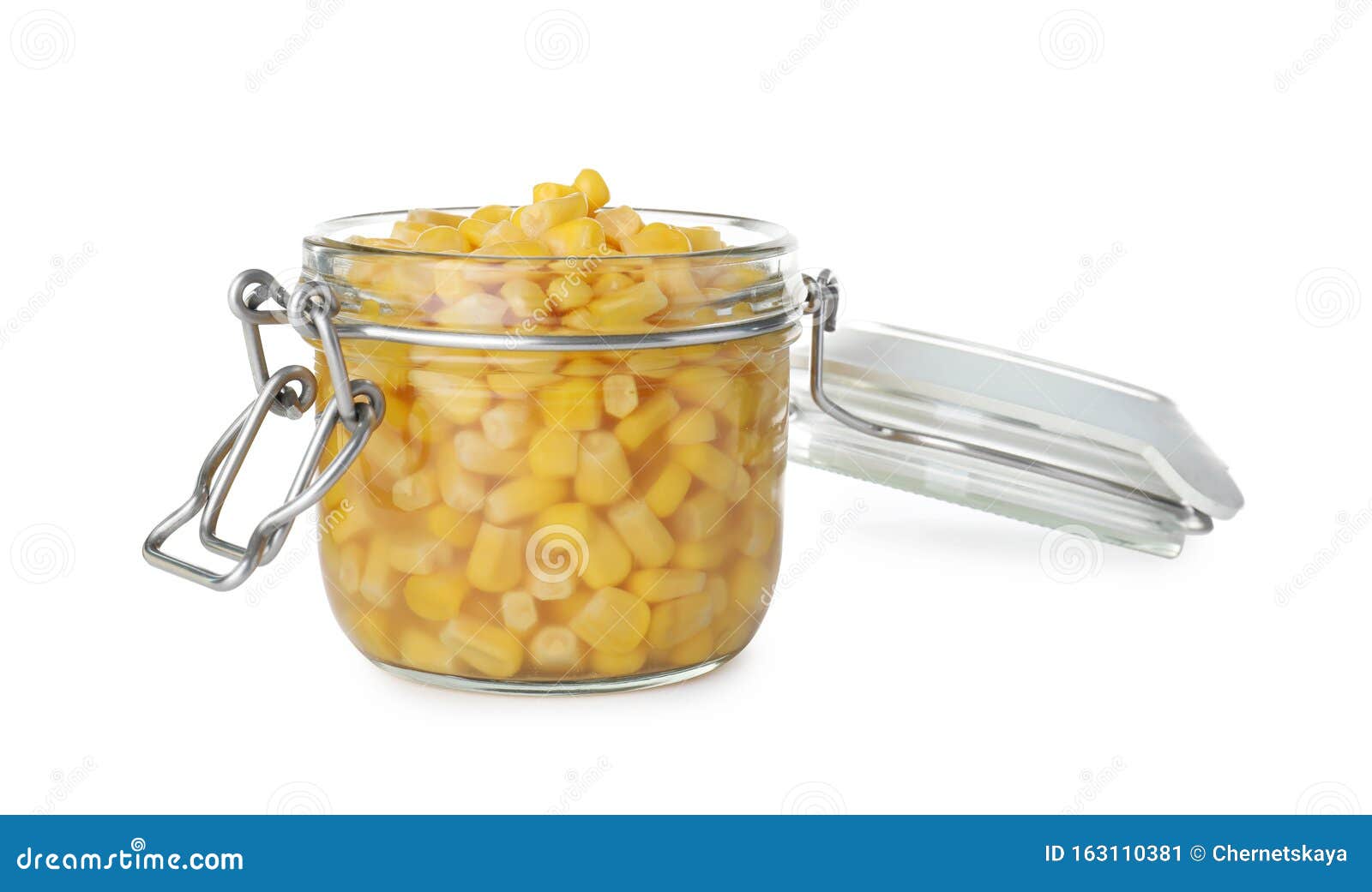 Open Jar with Pickled Sweet Corn on White Background Stock Image ...