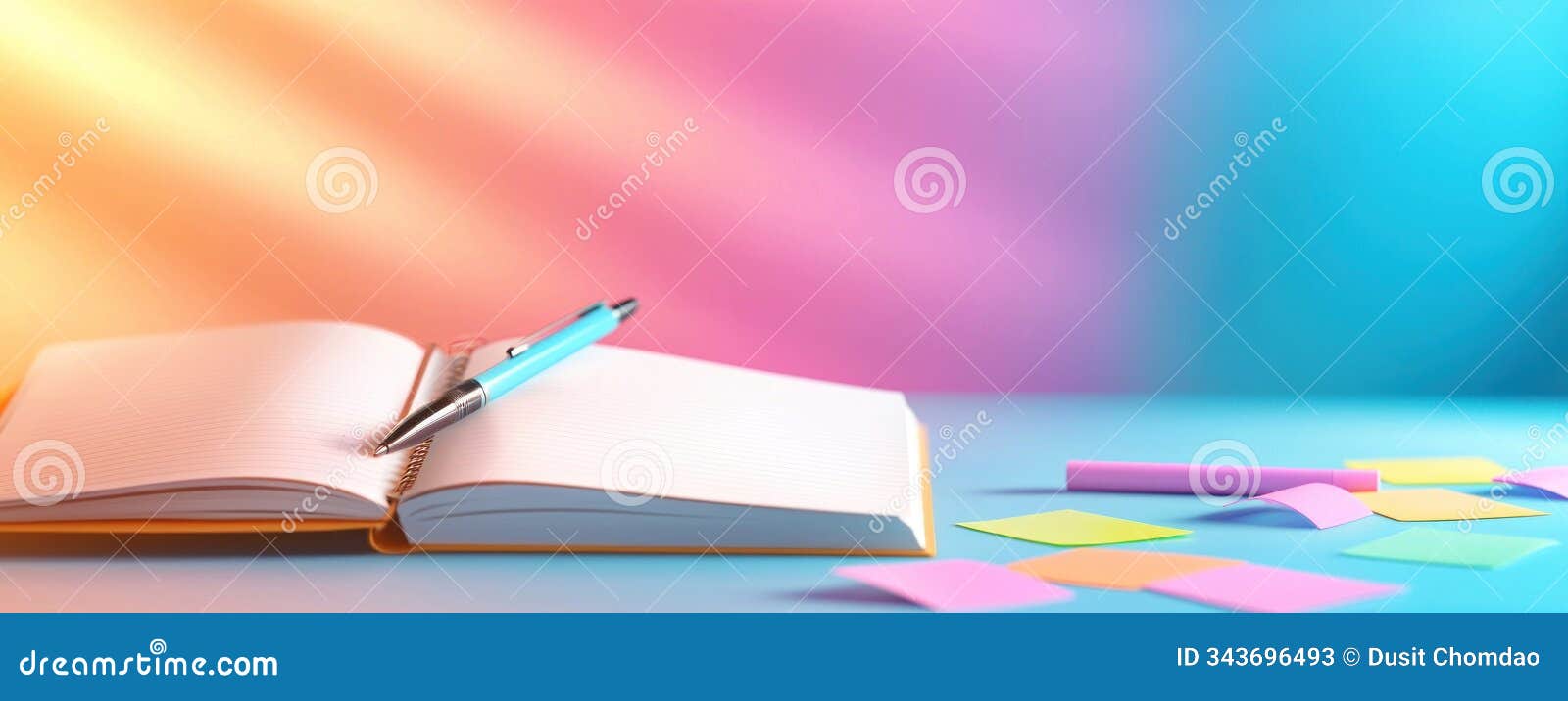 Open Journal with Pen and Colorful Sticky Notes on Vibrant Background ...