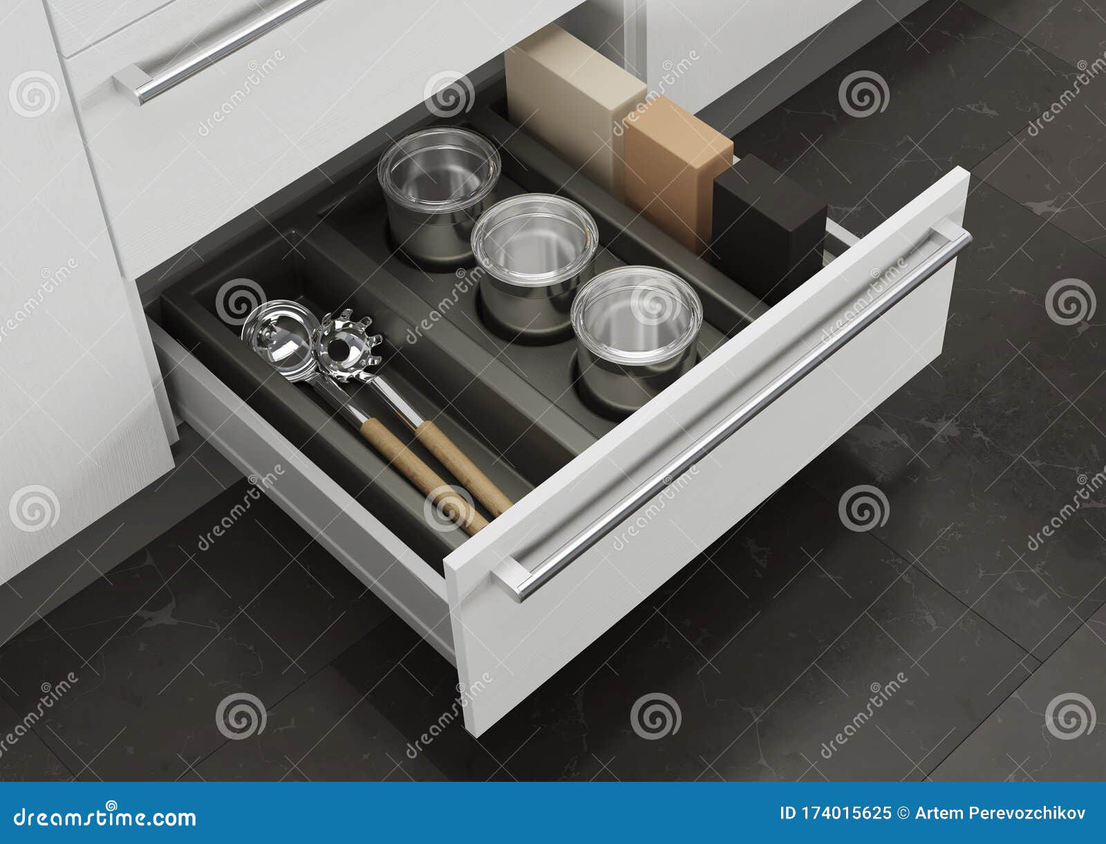 Open Kitchen Drawer with Cooking Utensils. Storage and Organization of ...