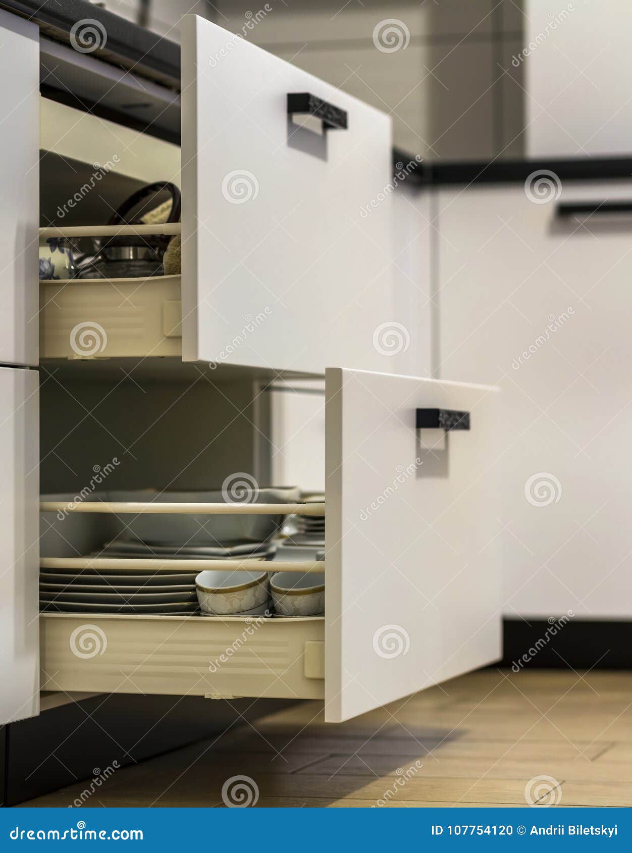 Open Kitchen Drawers with Plates and Cups Dishes Stock Photo - Image of ...