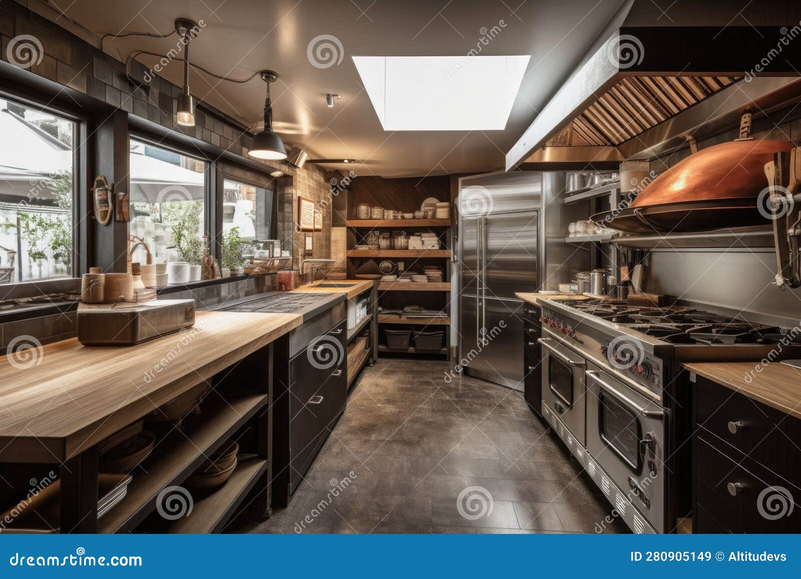An Open Kitchen with Several Cooking Stations, Including a Pizza Oven ...