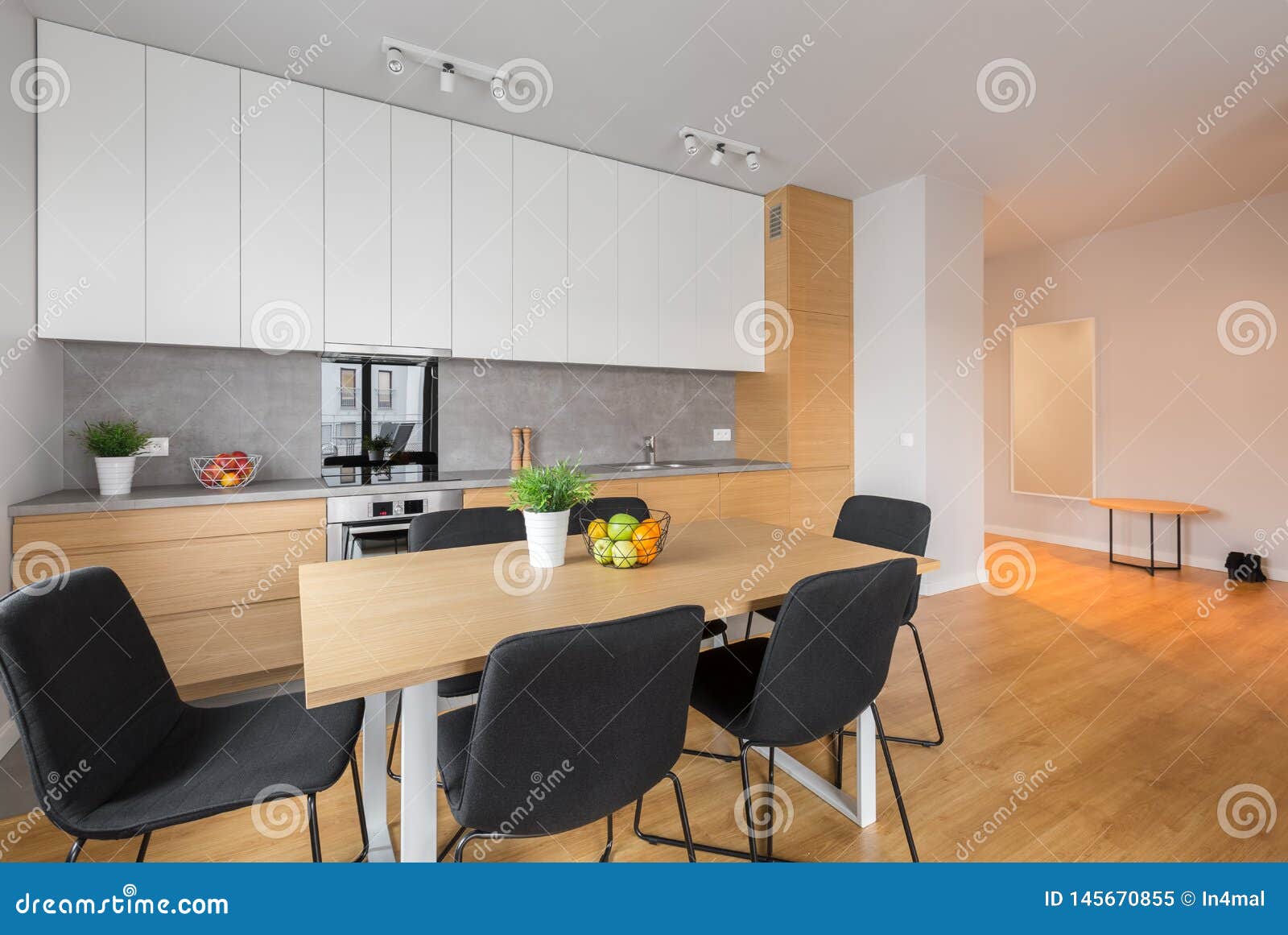 Open Kitchen with Wooden Table Stock Image - Image of chairs, cupboards ...