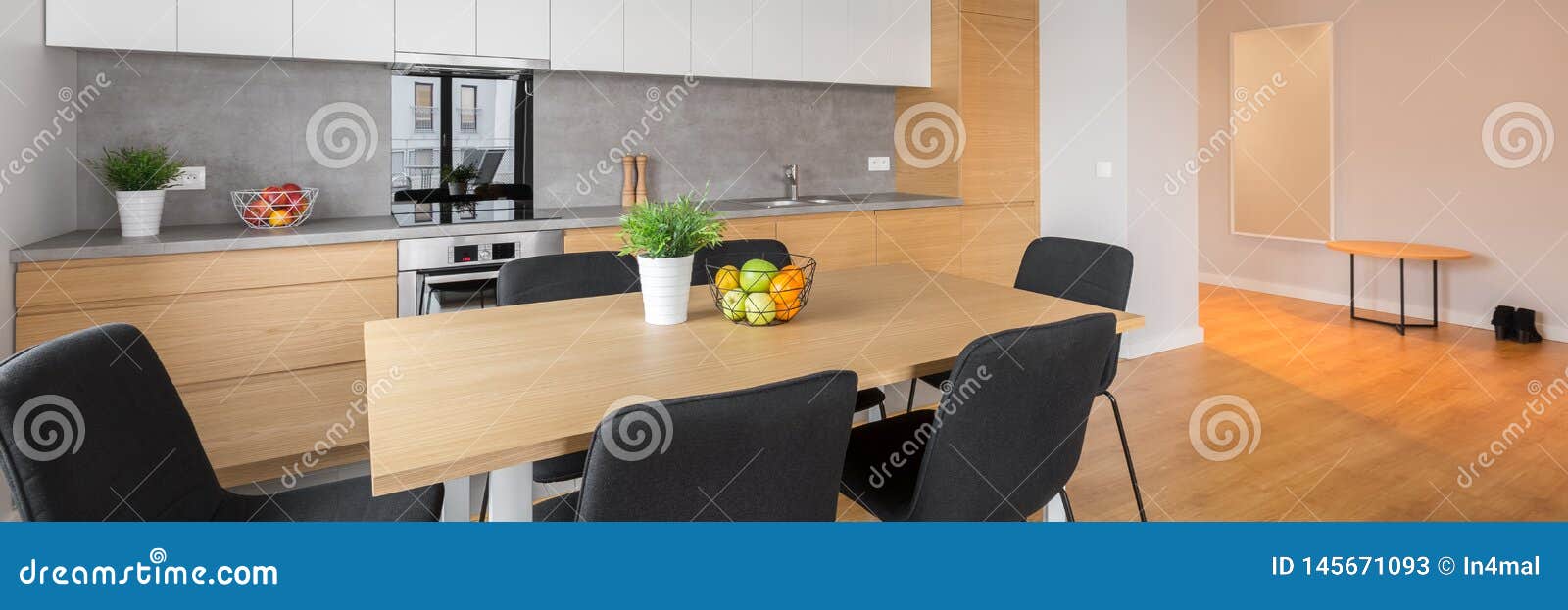 Open Kitchen with Table, Panorama Stock Image - Image of chair, dining ...