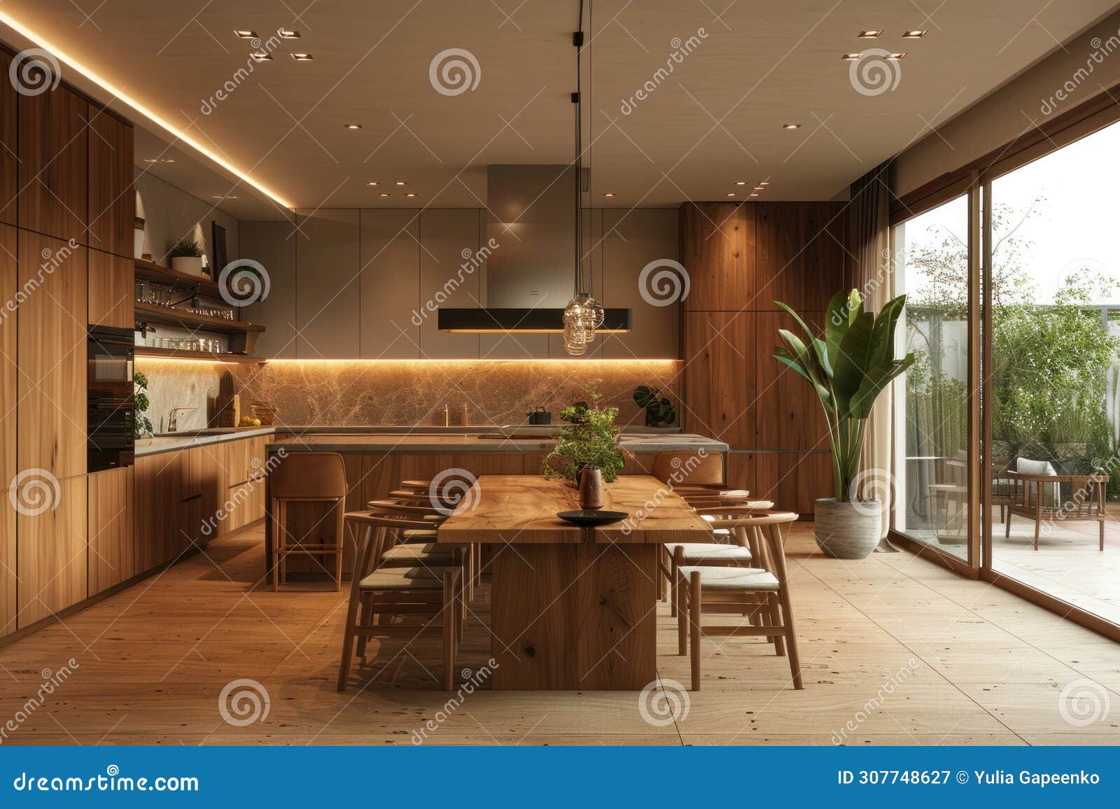 An Open Kitchen with Wooden Dining Table and Chairs Stock Image - Image ...
