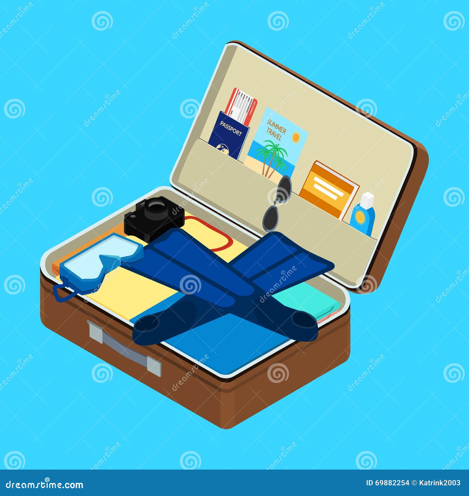 Open koffer met dingen vector illustratie. Illustration of vliegtuig ...