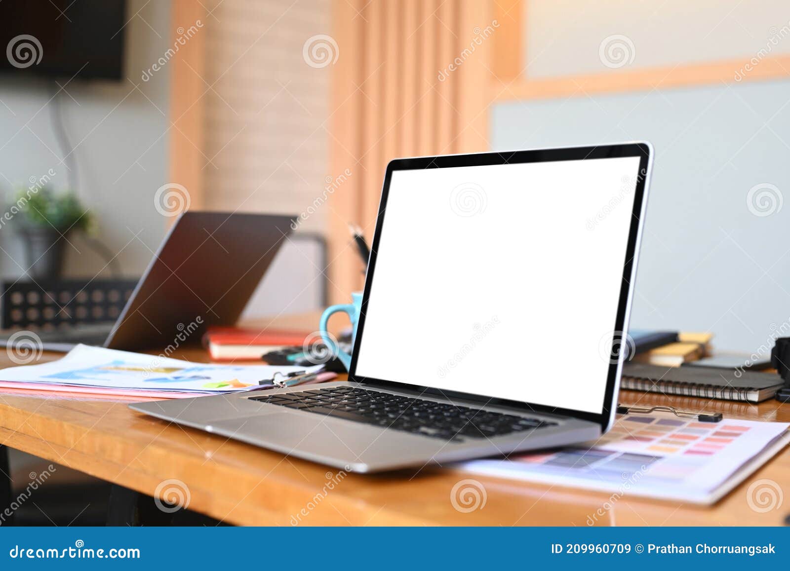 Laptop Computer with Blank Screen on Wooden Office Desk. Stock Image ...