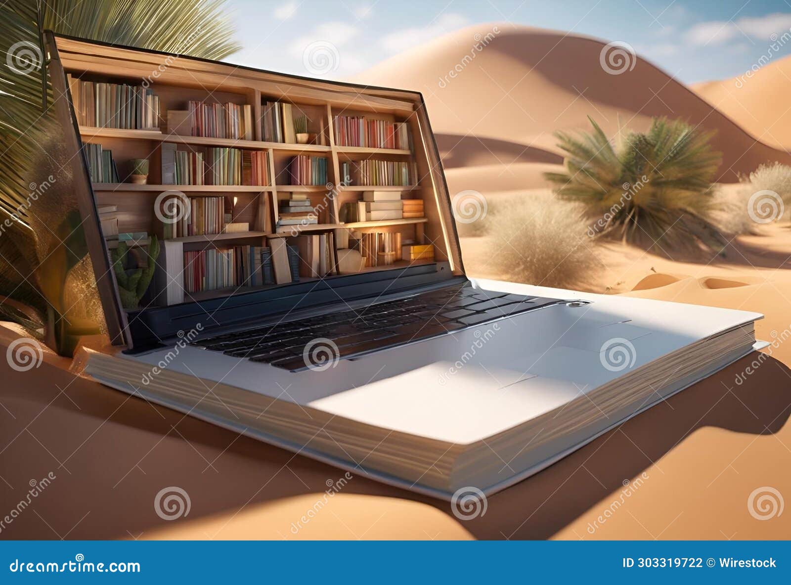An Open Laptop Computer Sitting on Top of a Sandy Desert Stock ...
