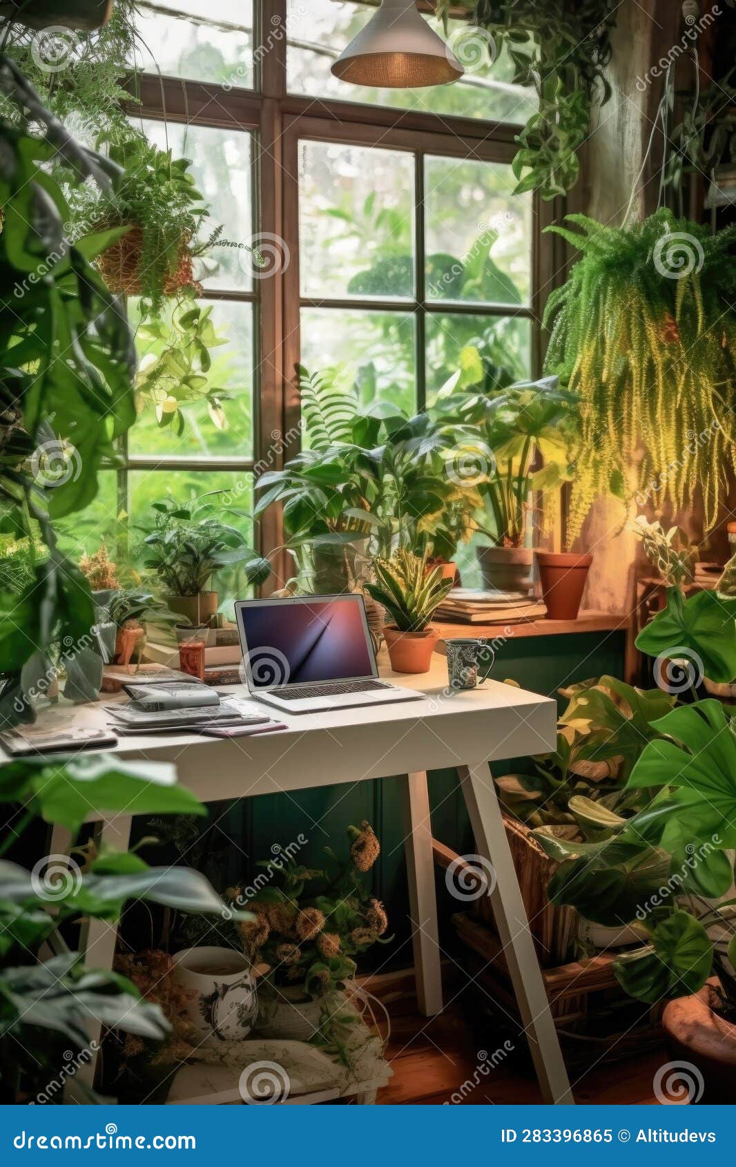 Open Laptop on a Cozy Workspace with Plants Stock Illustration ...
