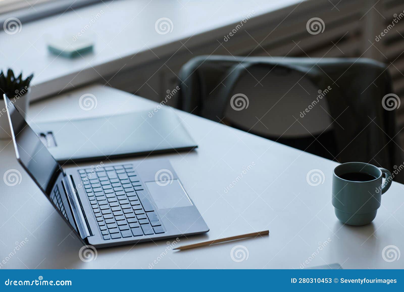 Open Laptop on Desk at Empty Office Workplace Stock Image - Image of ...
