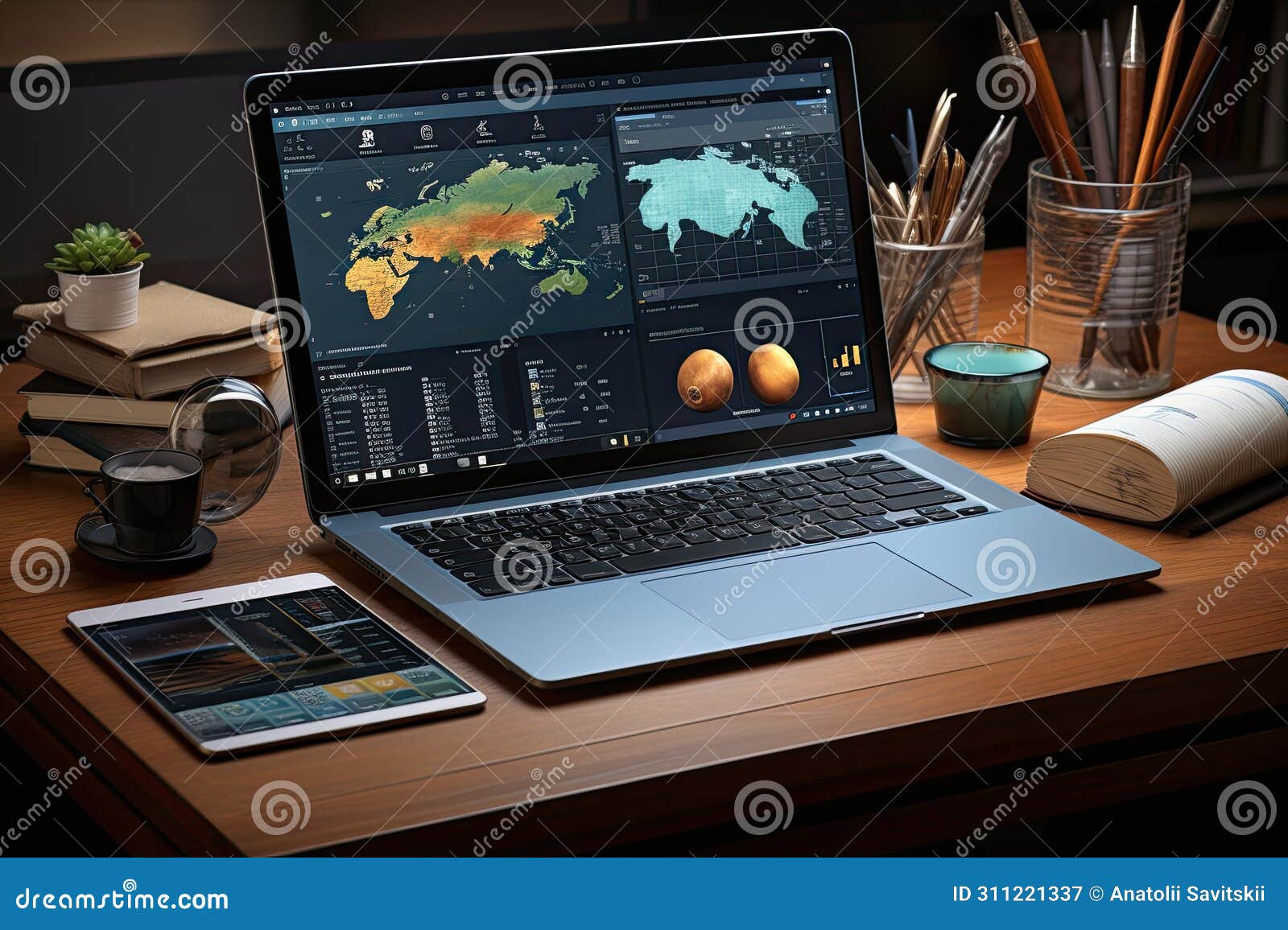 Open Laptop on the Desk in the Office, Workflow on the Computer ...