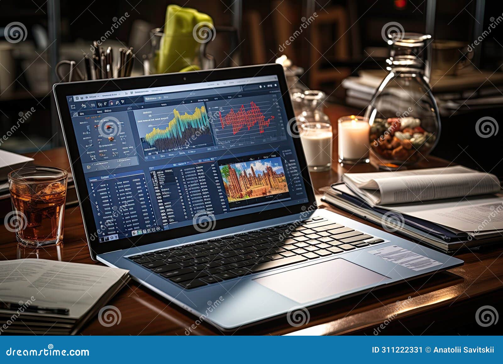 Open Laptop on the Desk in the Office, Workflow on the Computer ...