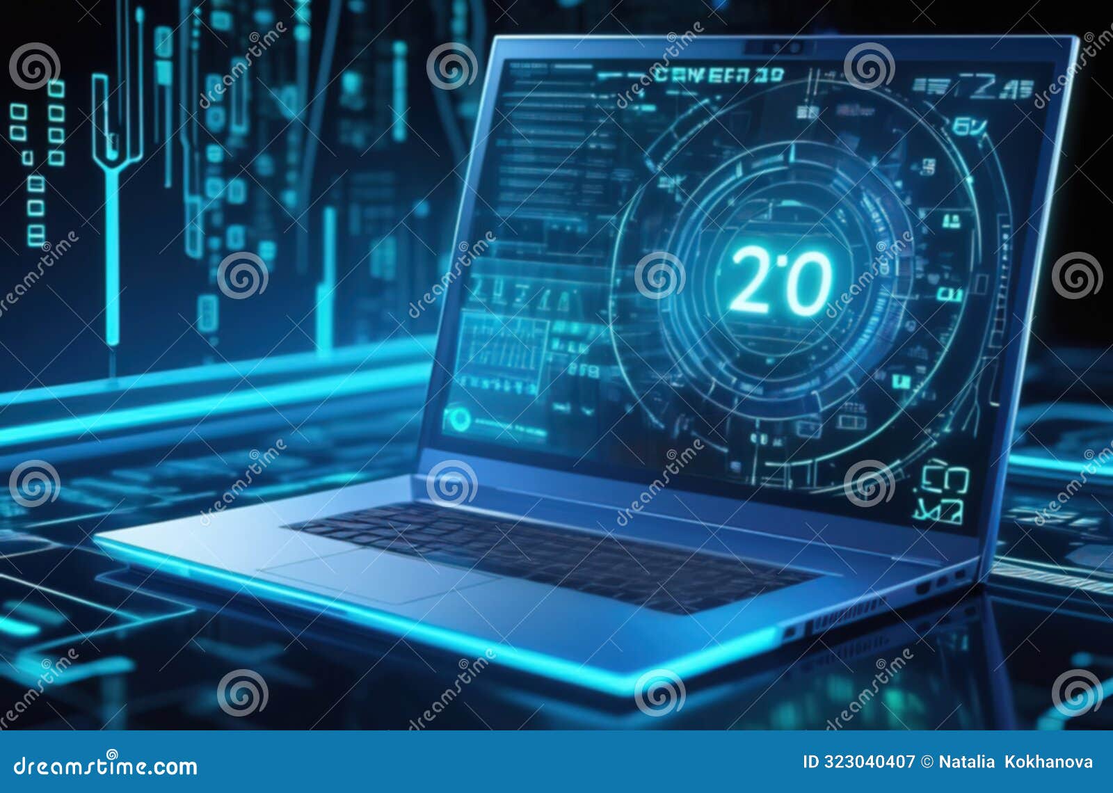 Open Laptop with Digital Data in Technical Laboratory, Blue Blurred ...