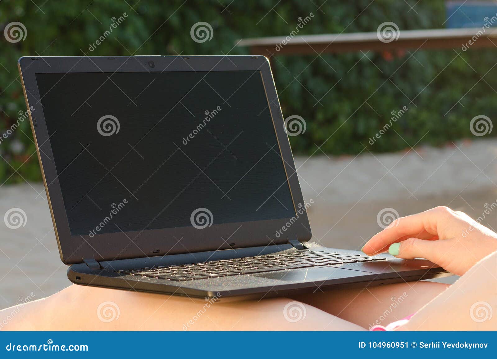 Open Laptop on Female Lap. Outdoors, Sunlight Stock Image - Image of ...