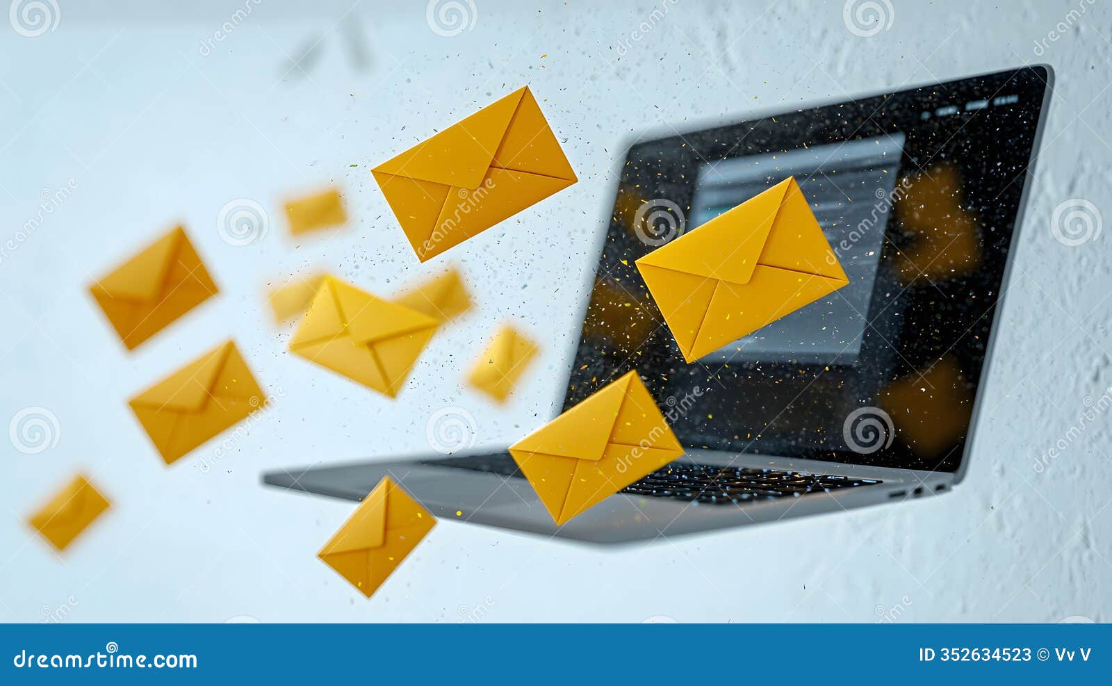 Open Laptop with Flying Yellow Envelopes Stock Illustration ...